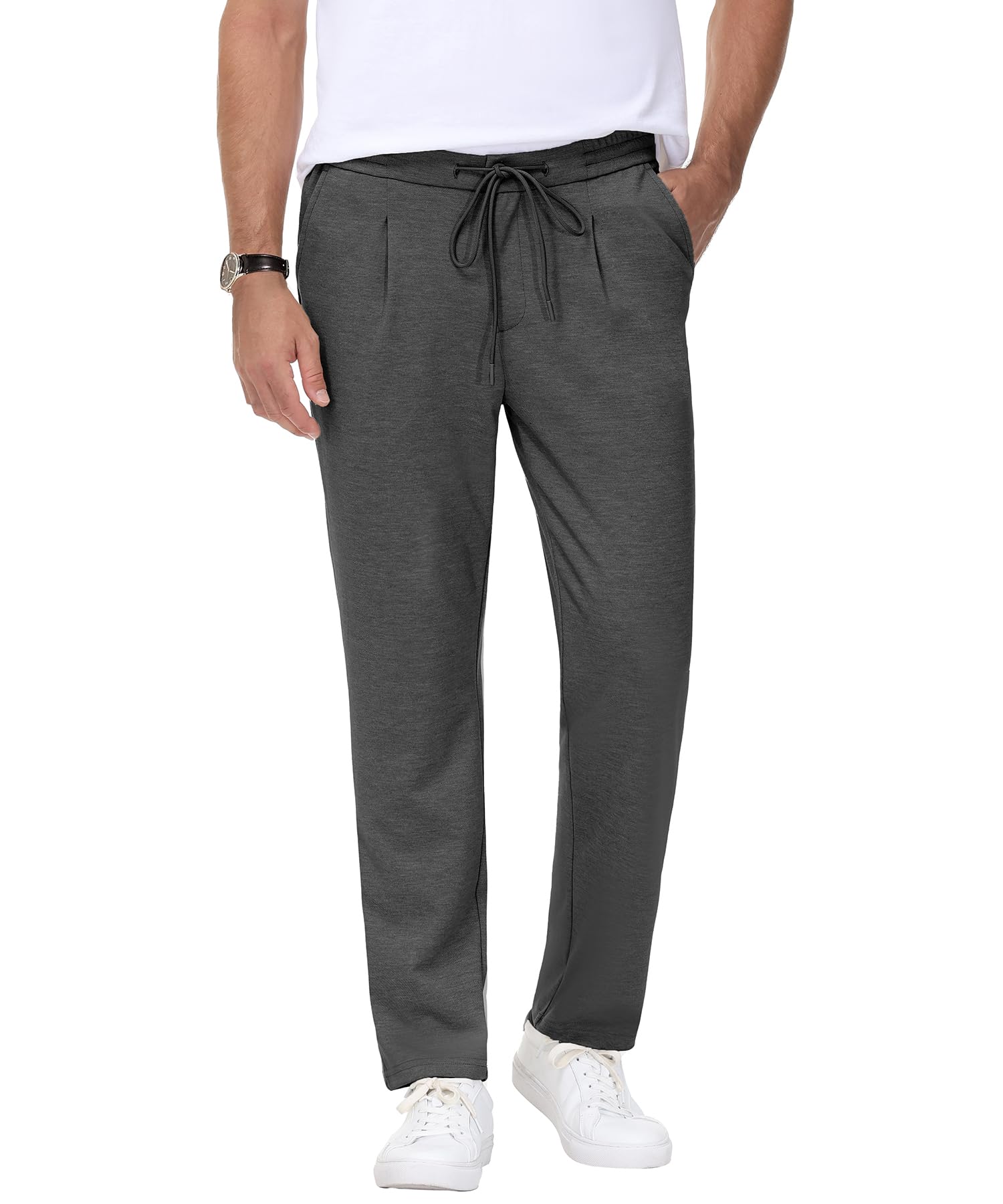 PJ PAUL JONES Men's Work Pants Elastic Waistband Casual Slim Fit Pleated Front Business Drawstring Tapered Pants Gray