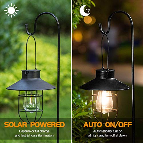 Solar Lights Outdoor Hanging Lantern Lamp with Shepherd Hook, Greenke Metal Solar Lantern Waterproof Multipurpose Pendant Lamp for Pathway Garden Yard Outdoor (Black)