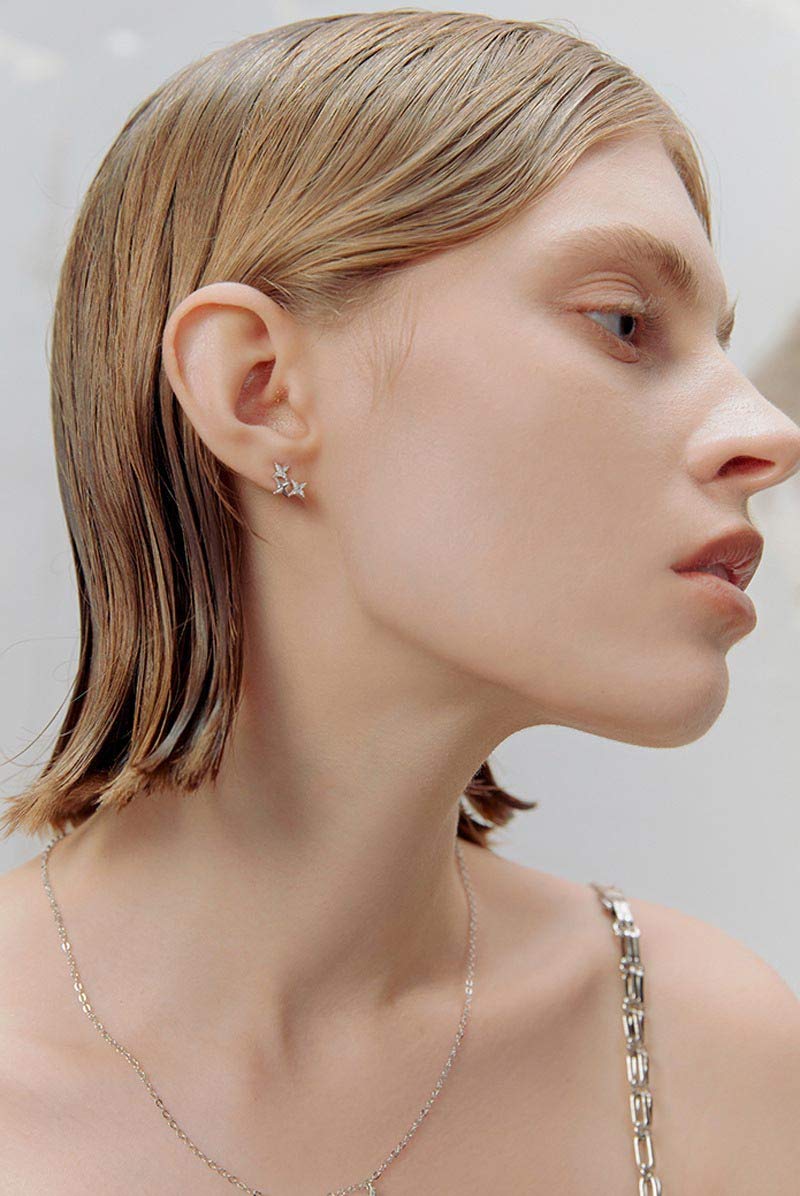 SLUYNZ 925 Sterling Silver Star Chain Studs Earrings for Women Star Crawler Earrings Studs Asymmetric