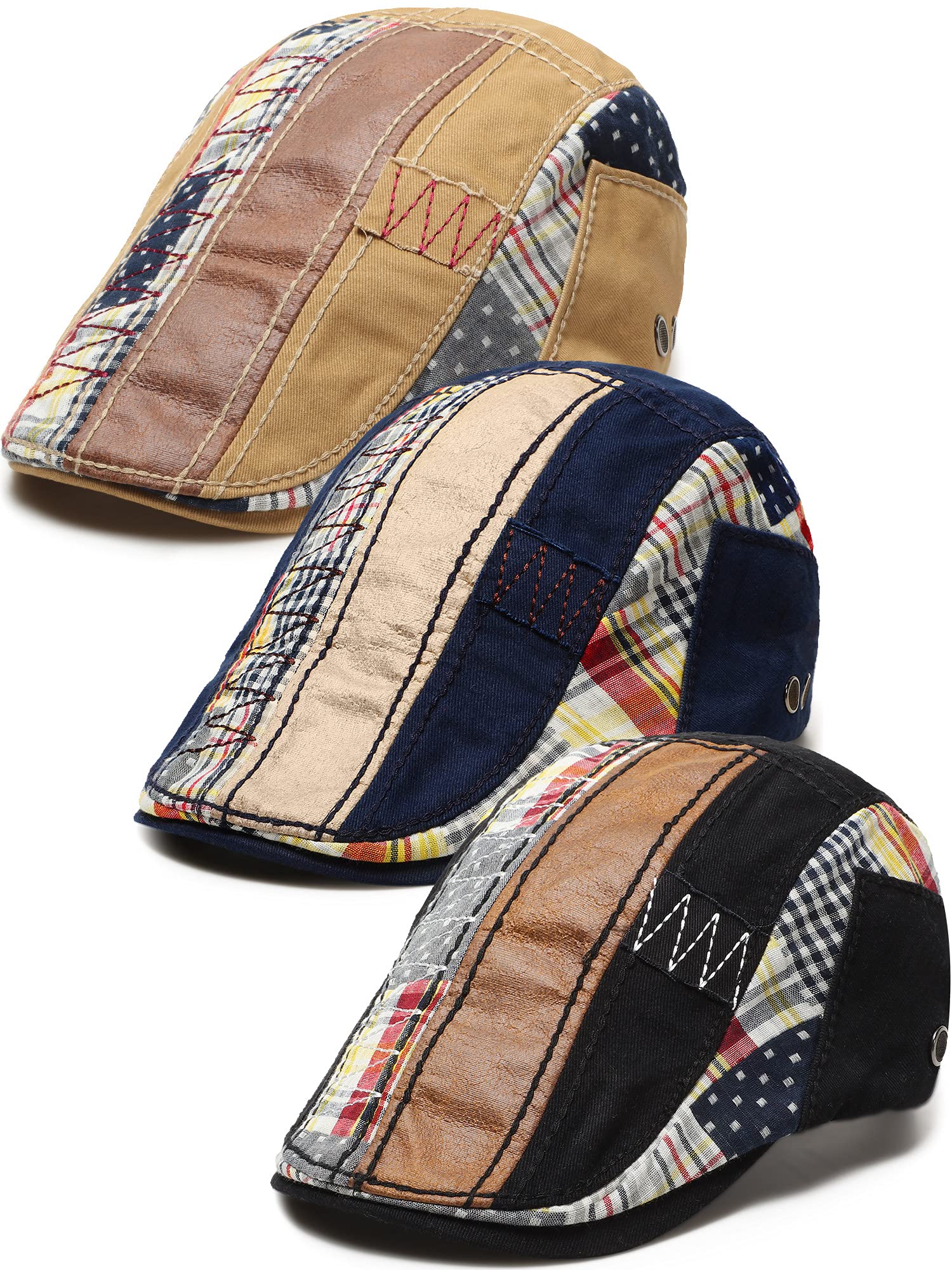 Zhanmai 3 Pieces Flat Caps for Men Newsboy Hats Beret Cabbie Hat Fabric Hat Adjustable Patchwork Flat Cap for Men Black
