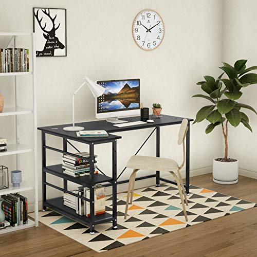 SEISSO Modern L-Shaped Computer Desk with Adjustable Storage Shelves, 55 Inch Black Corner Writing Table Workstation Pc Laptop Gaming Desk with Bookshelf for Home Office Study Bedroom Small Space