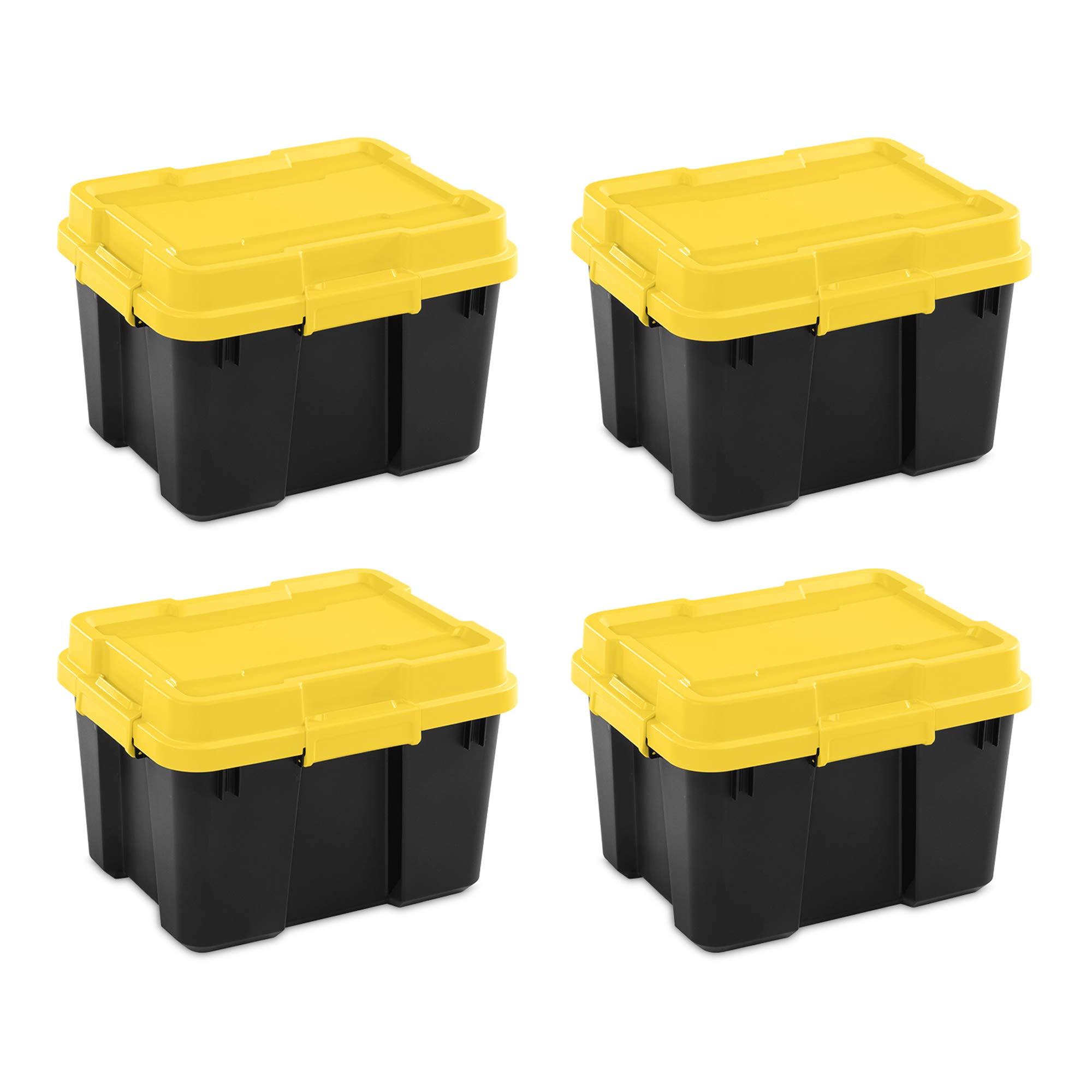 Sterilite 18319Y04 20 Gallon Heavy Duty Plastic Storage Container Box with Lid and Latches, Yellow/Black (4 Pack)