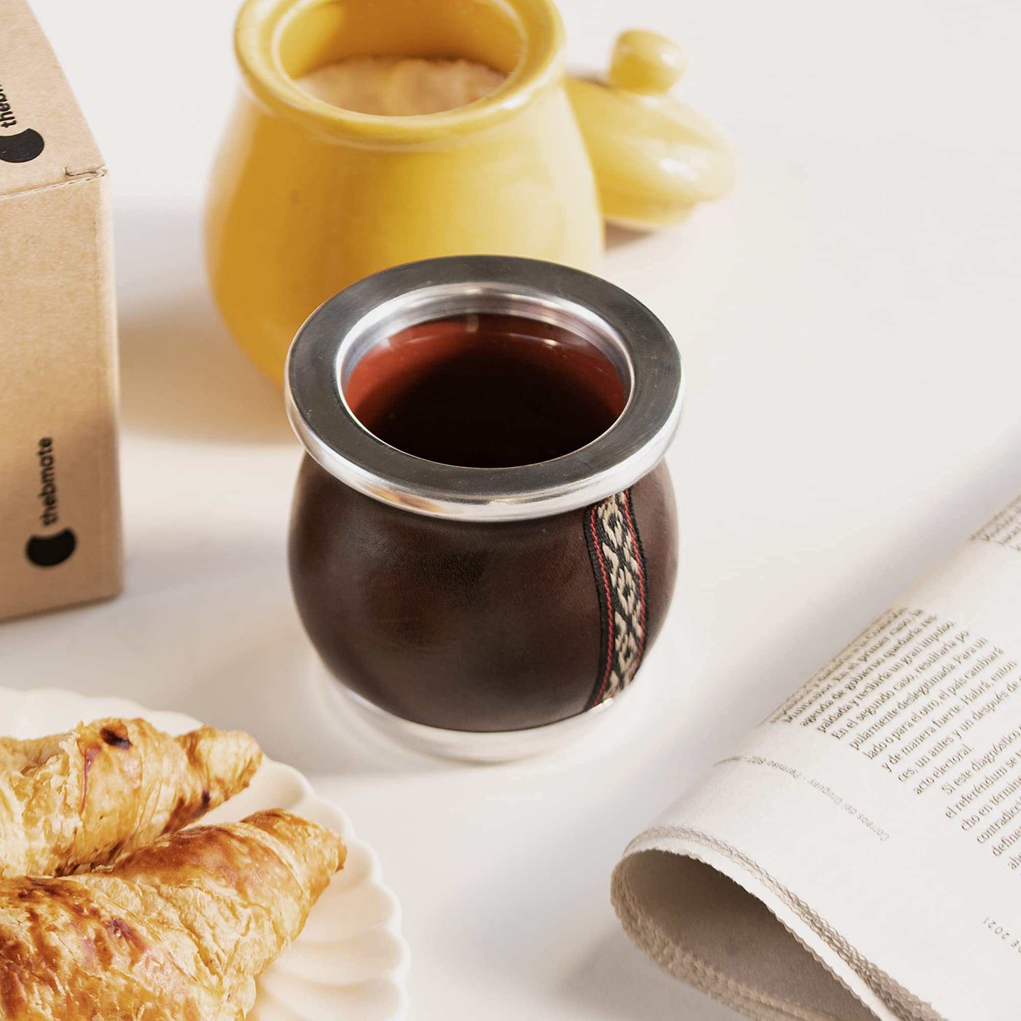 thebmate [Premium Yerba Mate Cup (Mate Gourd) - Crafted Ceramic Teacup - Brown Leather Wrapped Handmade in Uruguay - Mate Tiny - Camionero Style (Dark Brown)