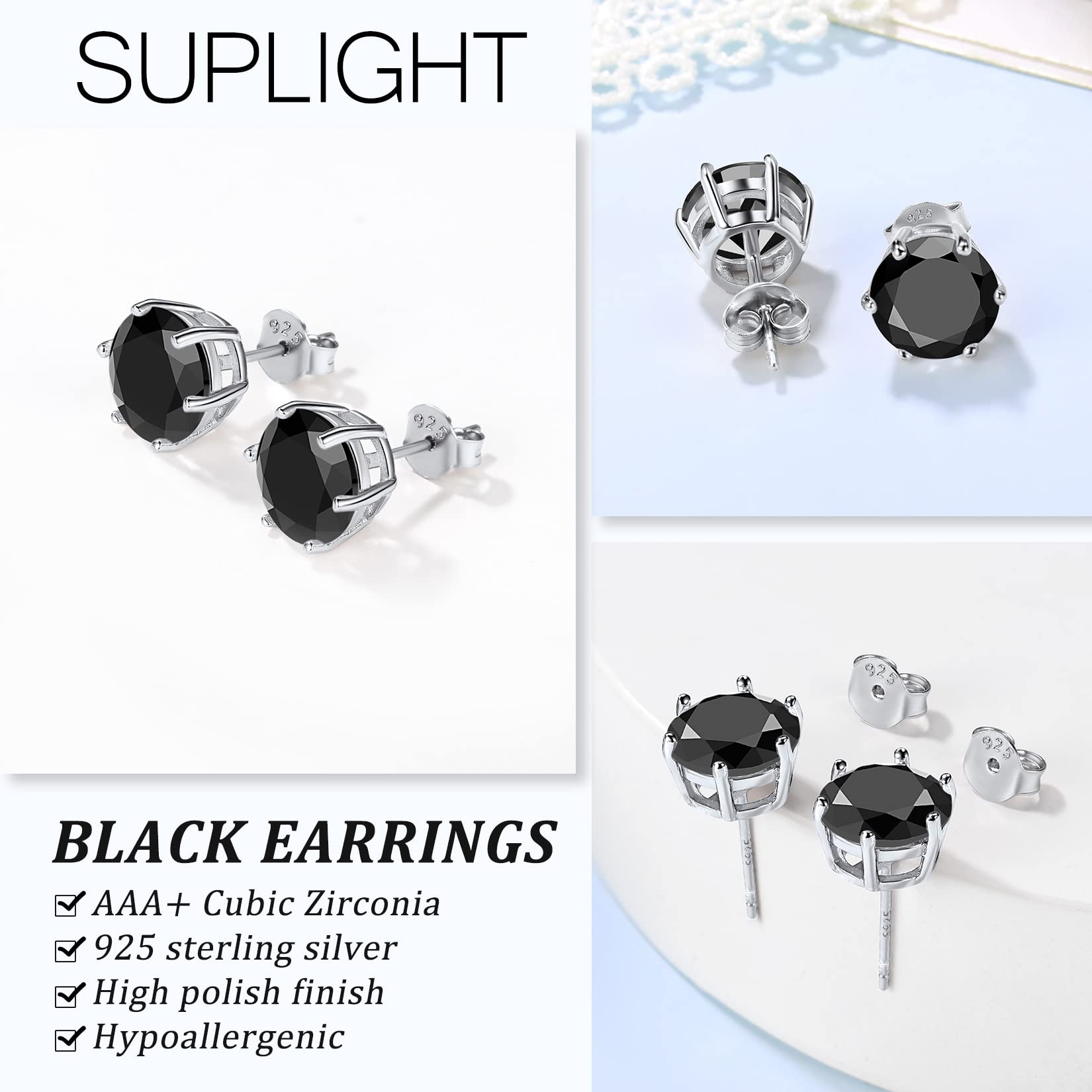 Suplight Womens Mens Earrings 925 Sterling Silver Black Cubic Zirconia Stud Earrings for Women 9mm
