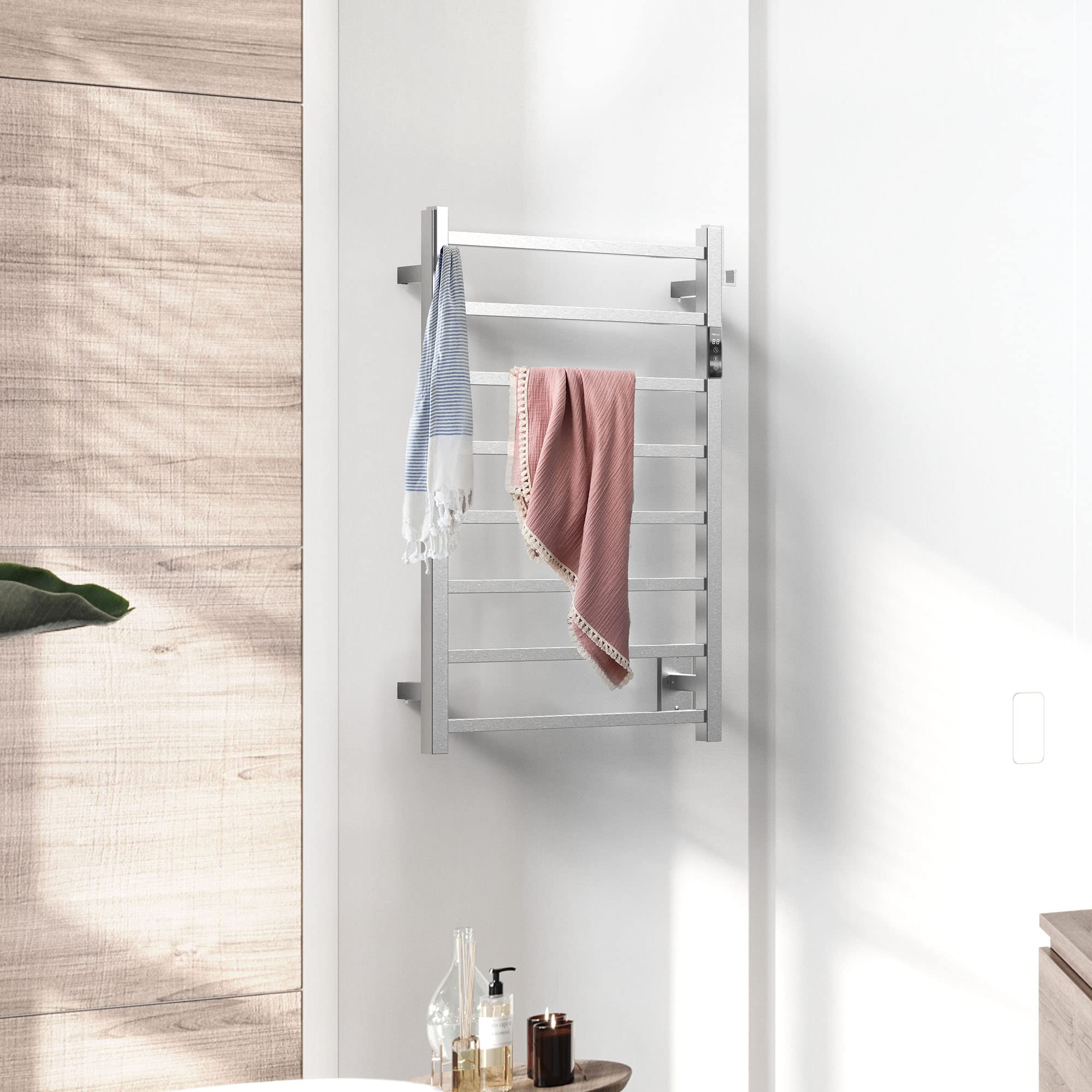 P&Bhursri Towel Warmer, 8-Bar Heated Towel Rack for Bathroom, Electric Towel Warmer with Timer & Temperature Multi-Level Adjustments, Brushed, Plug-in/Hard-Wired