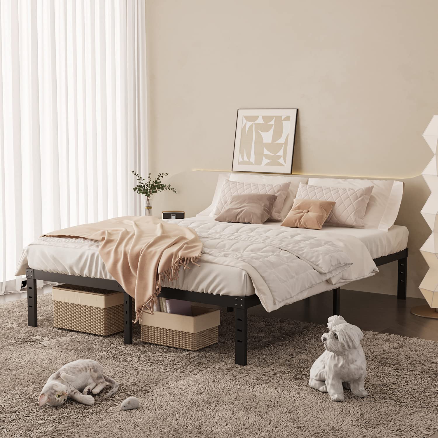 QUALEONA Bed-Frame-Queen, Metal Platform Queen-Size-Bed-Frame, No Box Spring Needed, Heavy Duty Steel Slat Support, Noise Free, Easy Quick Assembly, 14 Inch, Black