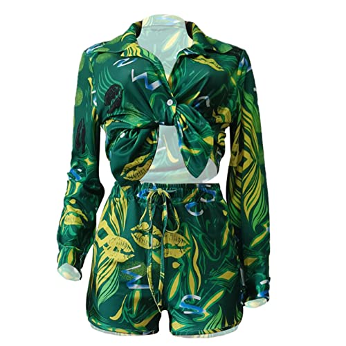 Uni Clau Women Two Piece Tracksuit Causal Printed Long Sleeve Button Down Blouse Short Pants Jogging Sets Green S