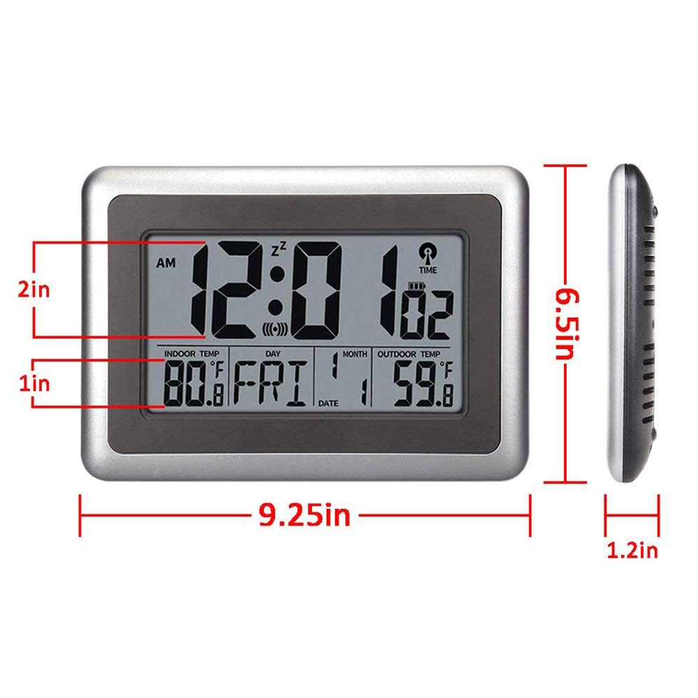 Ruan Atomic Wall Desk Clock Large Display with Indoor Outdoor Temperature Date Calendar, Digital Alarm Clock Battery Operated Without Backlight for Kitchen Bedroom
