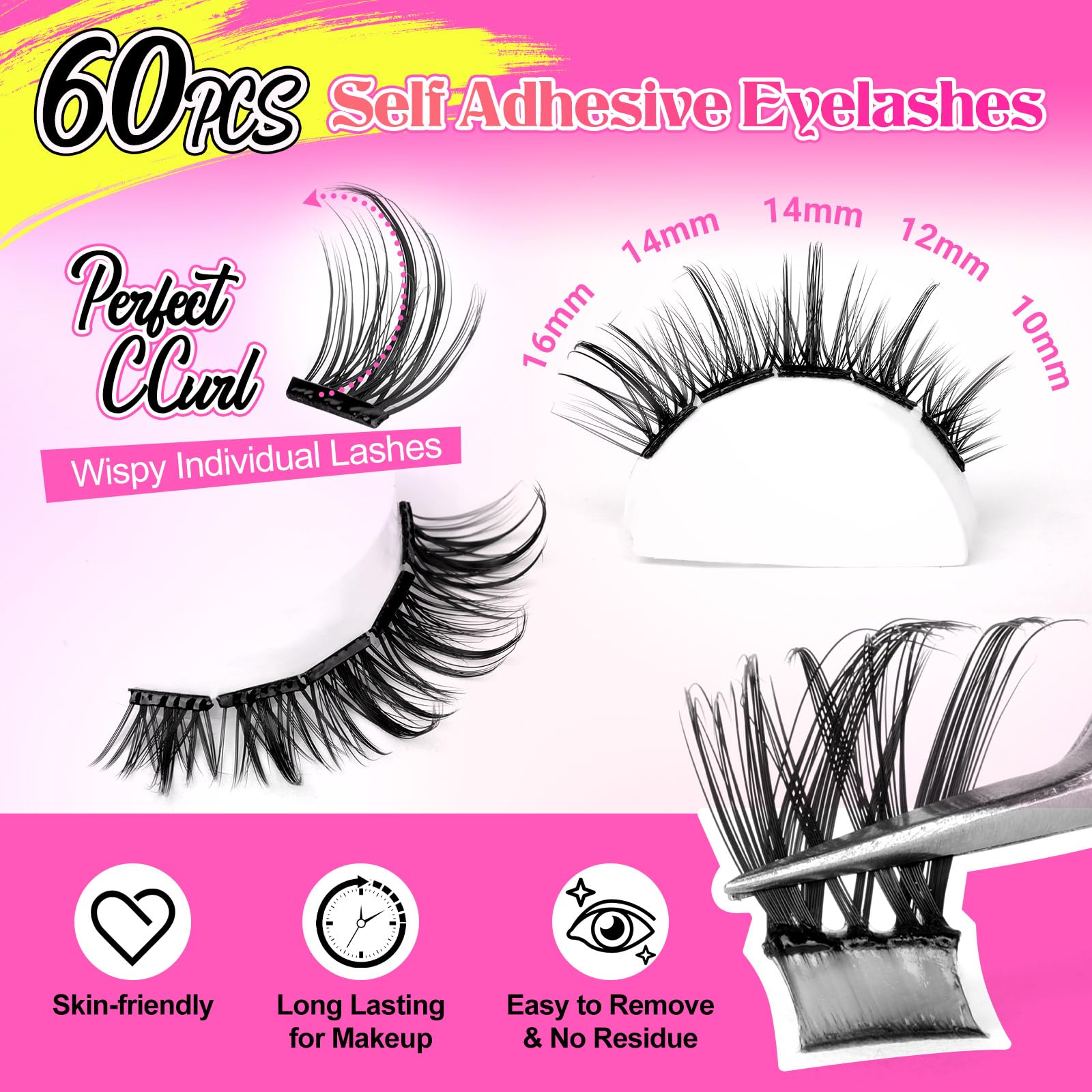 Self Adhesive Eyelashes Reusable Self Sticking Self Adhesive DIY Lash Extension Kit 60PCS Impress Lashes No Glue Self Adhesive Lash Clusters 10-16MM C Curl Self Adhesive Eyelash Clusters by wtvane