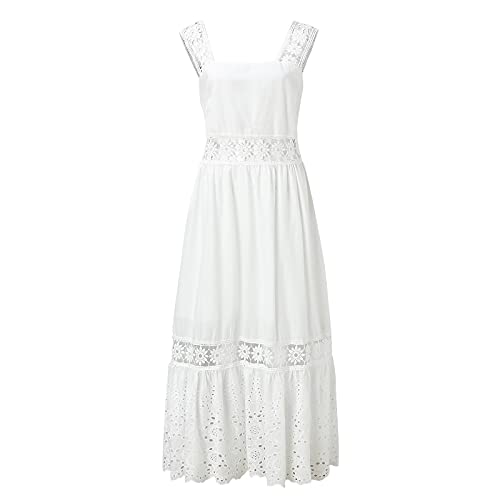 Women Patchwork Lace Hollow Out Tank Dress Sleeveless Ruched Backless High Waisted Ruffle Dress White
