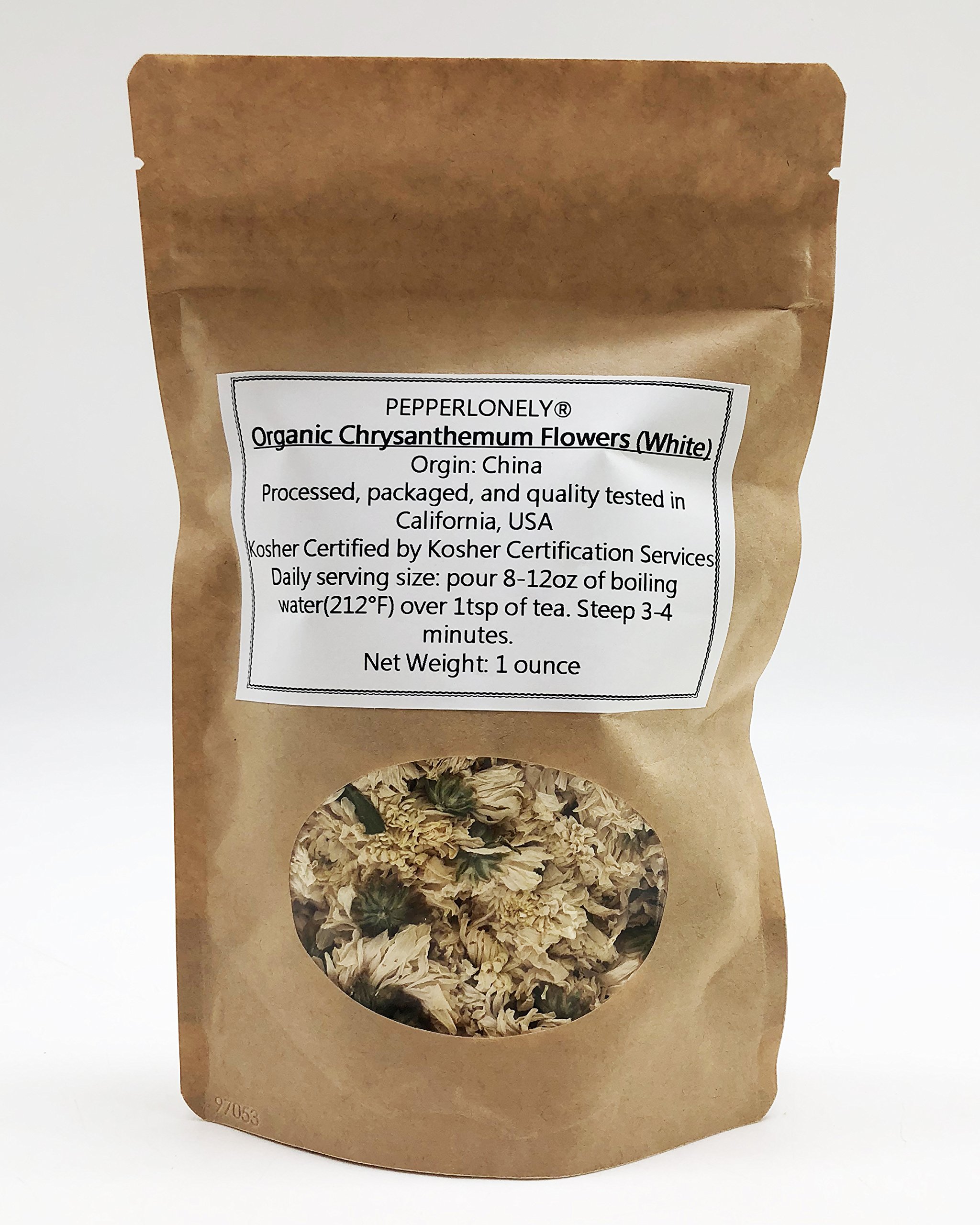 PEPPERLONELY 1 oz Organic Kosher Certified Botanical Dried Edible White Chrysanthemum Flowers