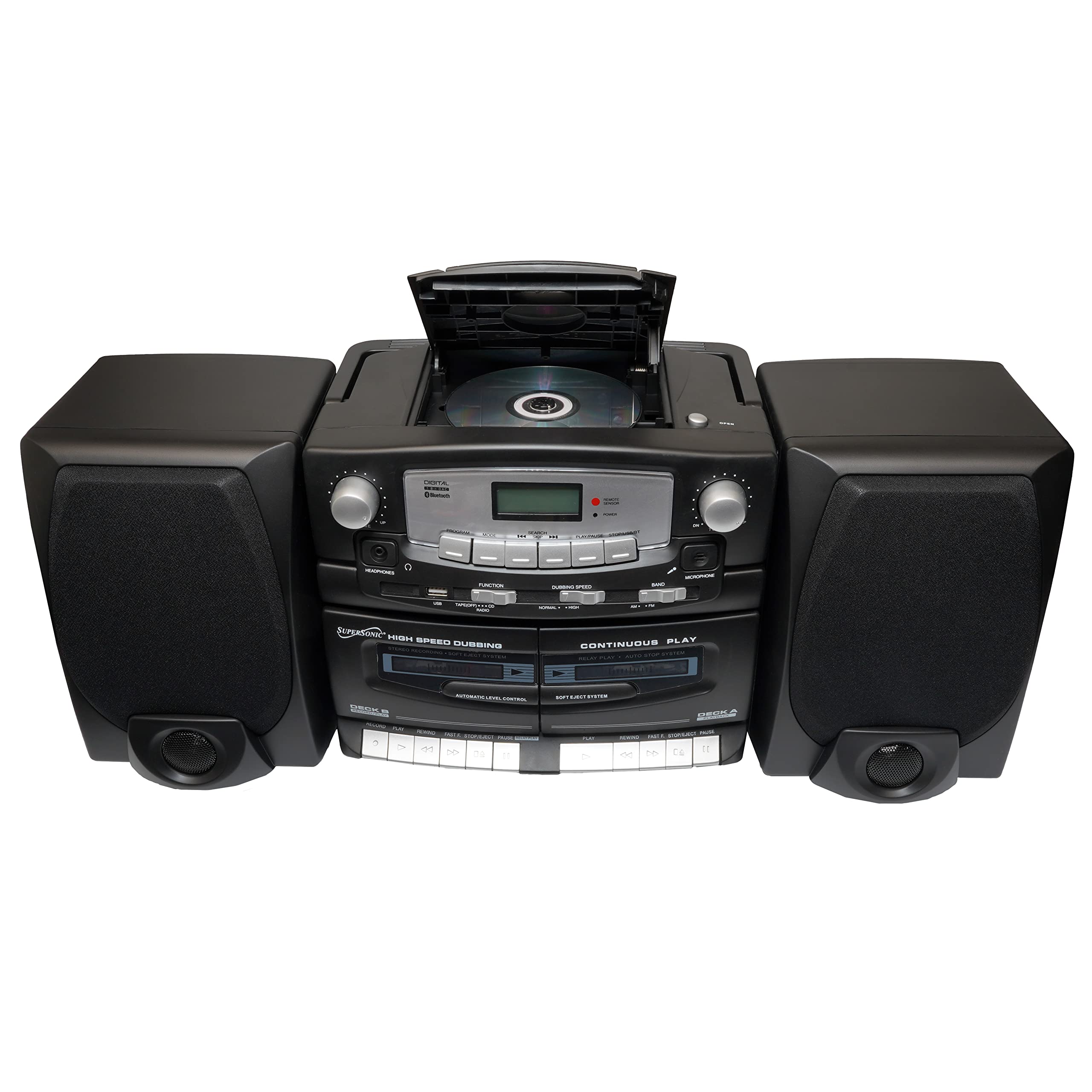Supersonic Black Edition Vintage Bluetooth Stereo System Home Music Audio System,CD/MP3 Player,AM/FM Radio,Dual Cassette Player/Rec USB inputs,Detachable Speakers,AC/DC,(Remote Included)Matte Black