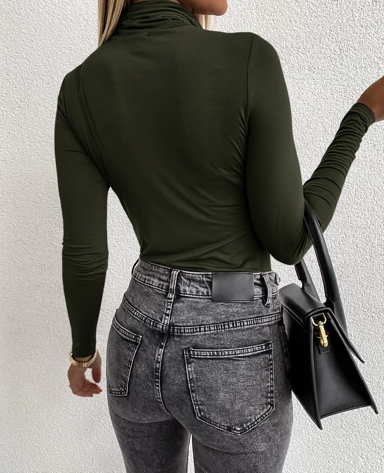 Womens Long Sleeve Turtleneck Tops Stretchy Slim Fit Base Layer Shirts Army Green