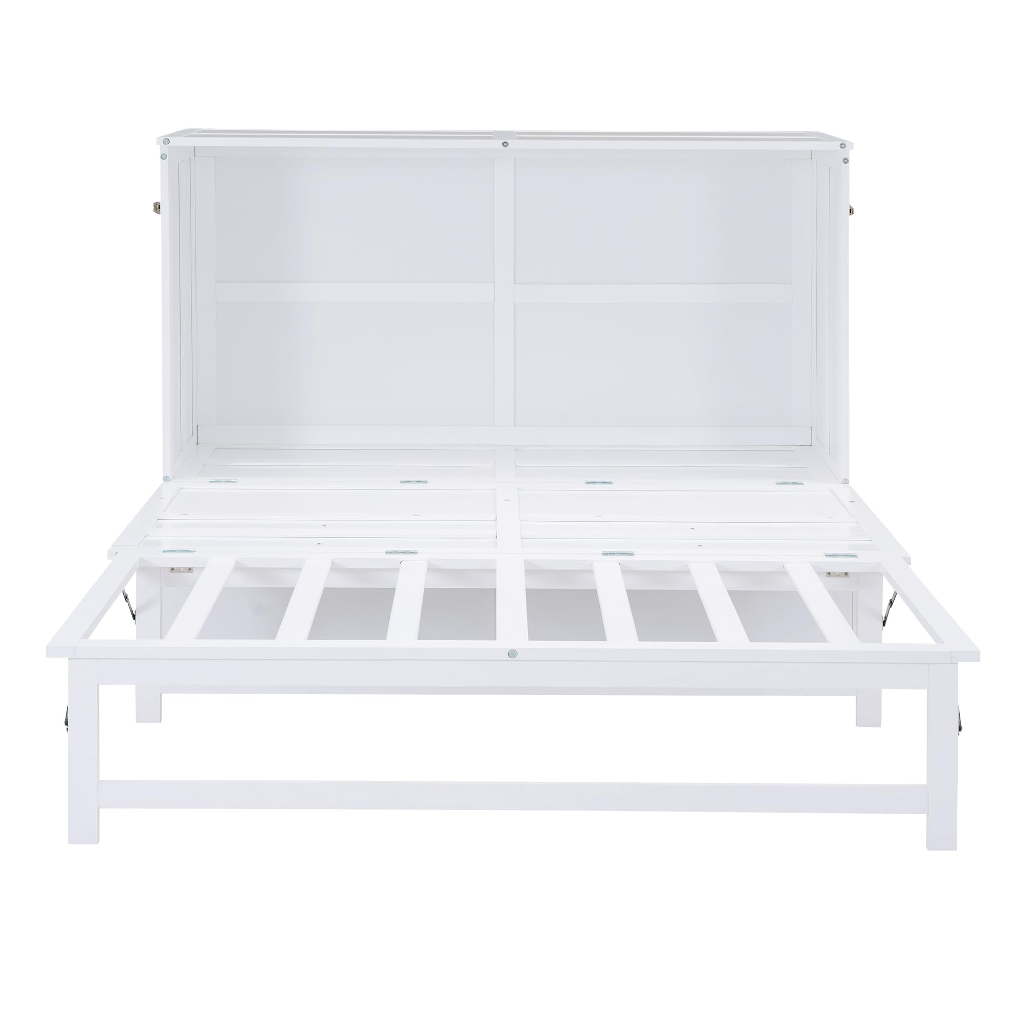 Queen Size Murphy Bed with Charging Station and Storage Shelf, Wood Queen Platform Bed Frame with usb Port, Queen Murphy Bed for Bedroom, No Box Spring Needed, Noise Free (White)