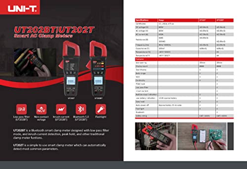 UNI-T UT202T Smart AC Clamp Meter CE/UKCA/cETLus CAT III 600V True RMS / 9999 counts AC/DC 600V (UT202BT)