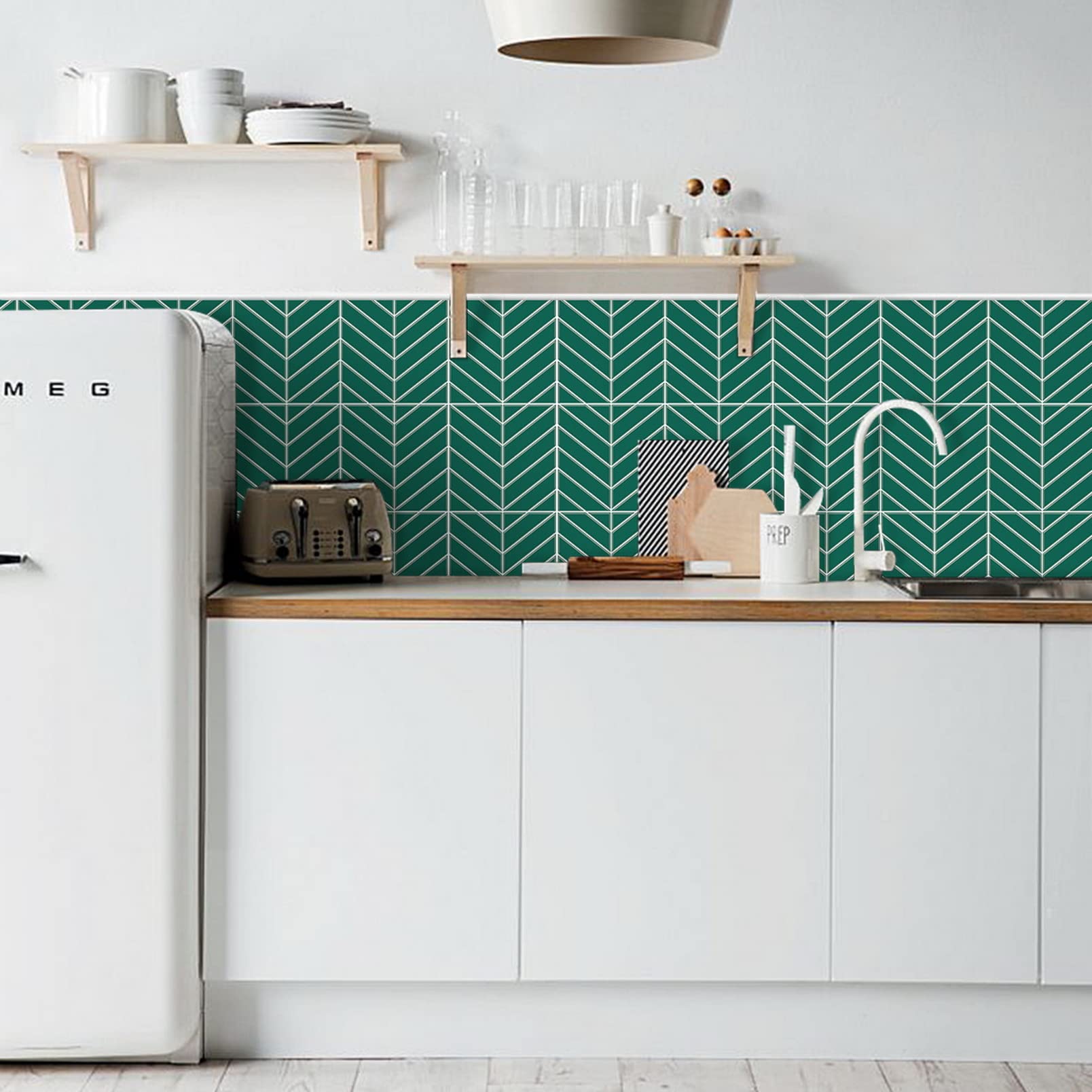 Peel and Stick Tiles Green Twill Pattern Kitchen Mosaic Wall Tiles Self-Adhesive DIY Backsplash Stick-on Vinyl Wall Tiles for Kitchen and Bathroom 10" X 10" Each, 4 Sheets Pack (Green-Twill)