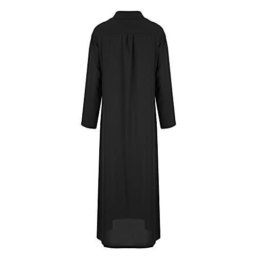 Women Shirt Dress Solid Color Button Down Pockets Maxi Dress Long Sleeve Turndown Neck Loose Shift Dress