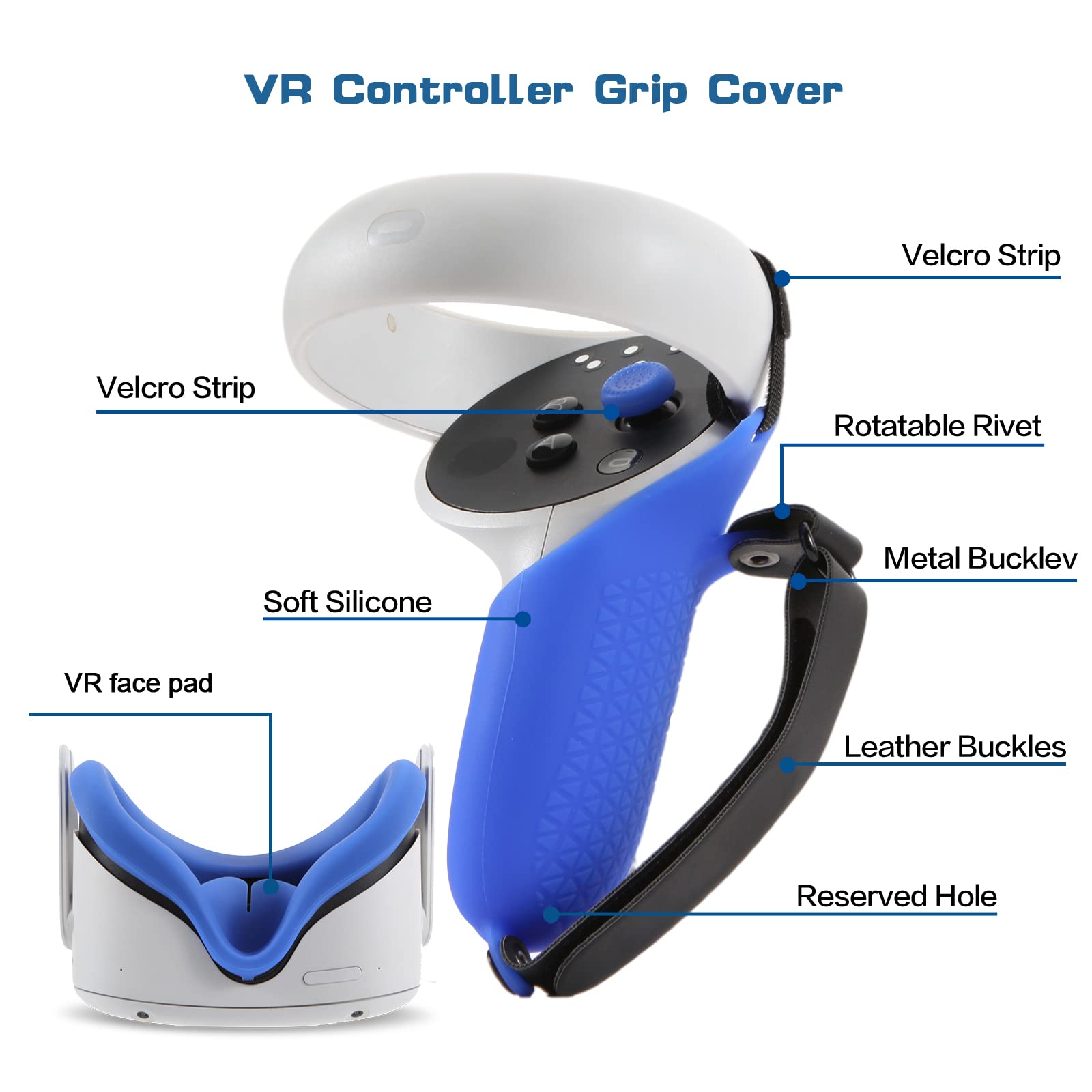 VR Touch Contrller Grips Cover Compatible with Oculus Quest 2,with 1Pcs VR Silicone Face Pad,Lens Protection Cover,Thumbstick Covers,Sweat-Proof/Anti-Throw/Adjustable (Blue/4Pcs Set)