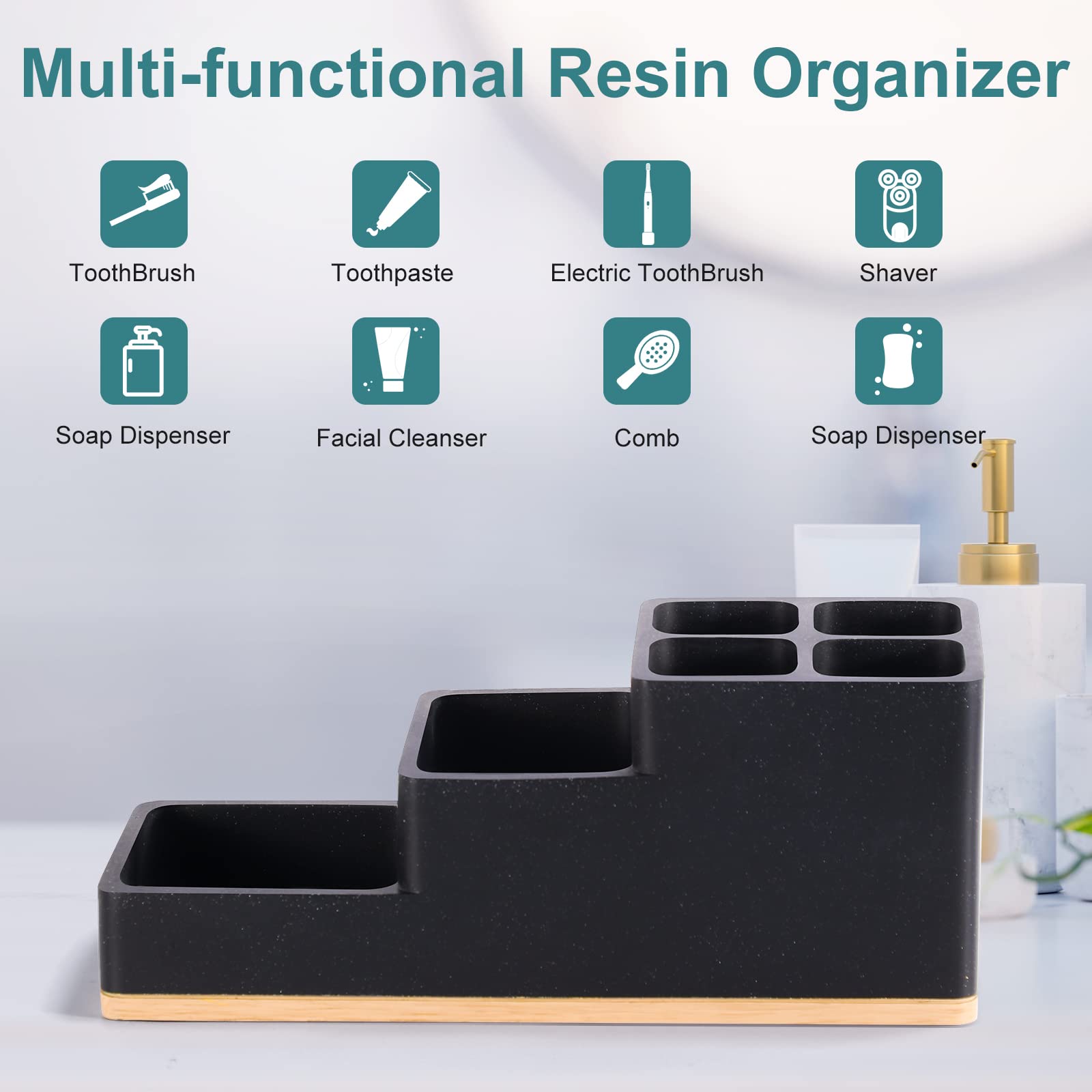Toothbrush Holder for Bathroom, Aimou Bathroom Organizer Countertop Bathroom Accessories with 5 Compartment Storage for Bathroom/Vanity, Cotton Ball, Cotton Swab, Floss, Black