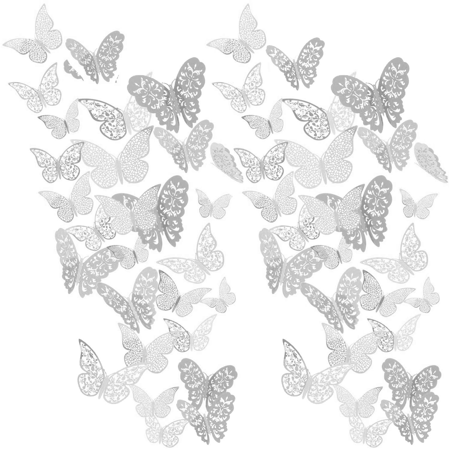 Senkary 72 Pieces (3 Sizes 3 Styles) Silver 3D Butterfly Wall Stickers Wall Decorations Removable Metallic Paper Decals for Home Kids Bedroom Nursery Decor