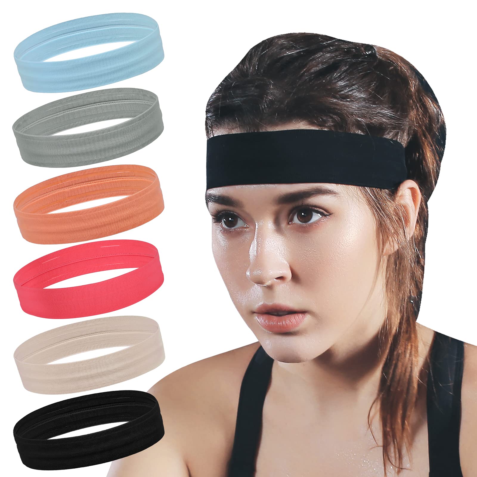 Vsiopy 6 Pack Sport Headbands for Women Sweat Wicking Running Headband Non Slip Thin Elastic Workout Sweatbands for Yoga
