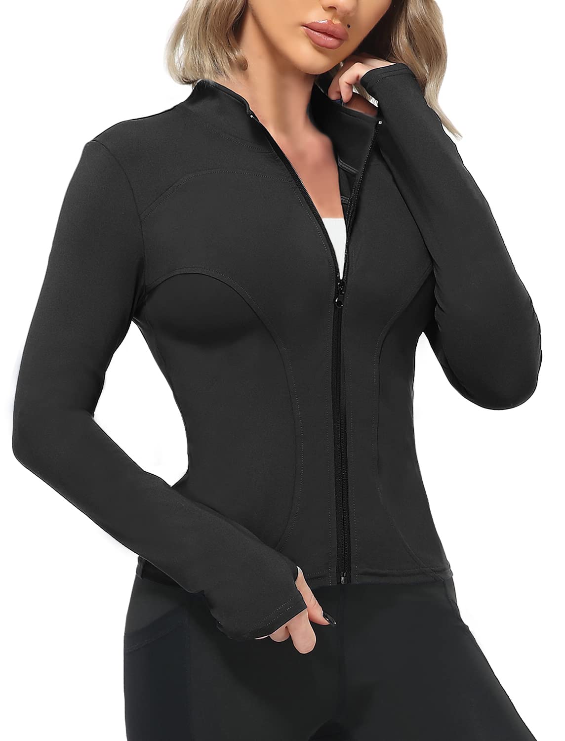 YIARBID Womens Running Jacket Lightweight Full Zip Slim Fit Workout Yoga Track Jacket Tops(A-Black,L)