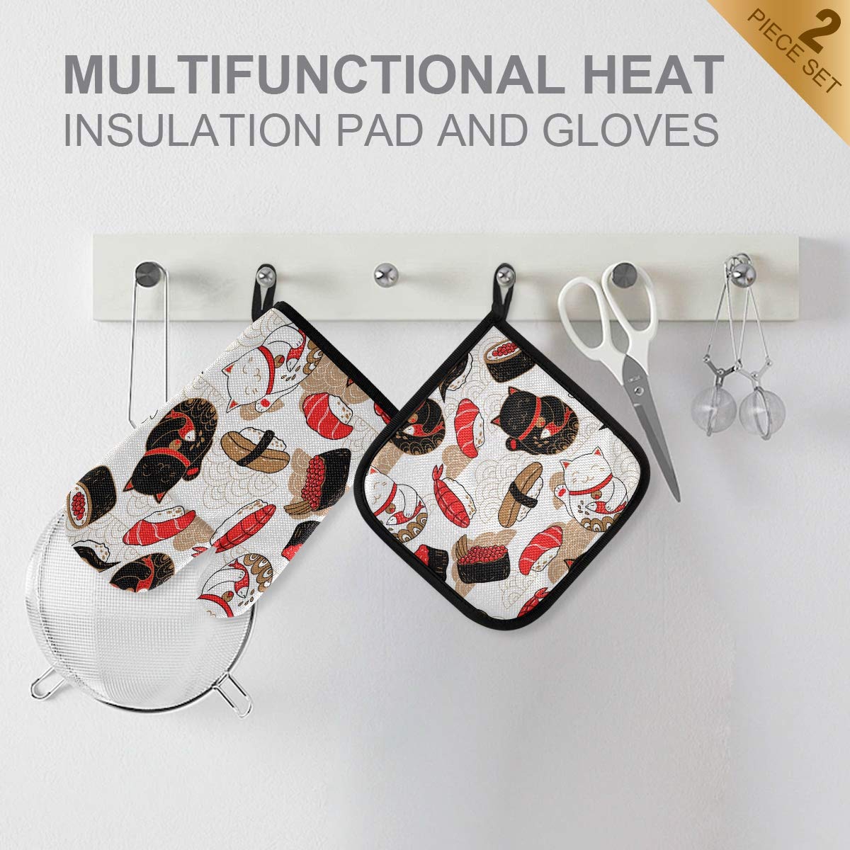 ZZXXB Maneki Neko Cat Oven Mitts and Pot Holders Set of 2 Heat Resistant Non-Slip Kitchen Gloves for Cooking Baking Barbecue Grilling