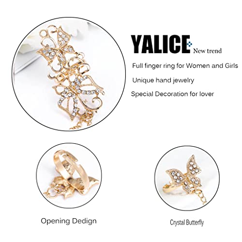 Yalice Charm Butterfly Full Finger Ring Bracelets Crystal Knuckle Open Ring Harness Hand Chains Adjustable Statement Rings Jewelry for Women and Girls Gift