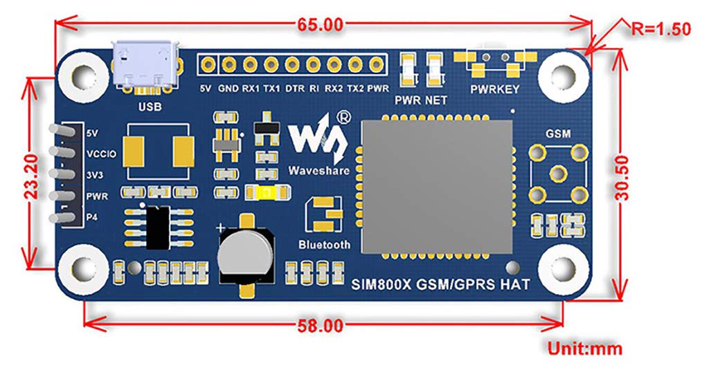 Raspberry Pi GSM/GPRS/Bluetooth HAT Based on SIM800C Supports SMS, GPRS, DTMF, HTTP, FTP, MMS, email for Band GSM 850/EGSM 900/DCS Compatible with Pi 2B/3B/3B+/4B/Zero/Zero W,Jetson Nano