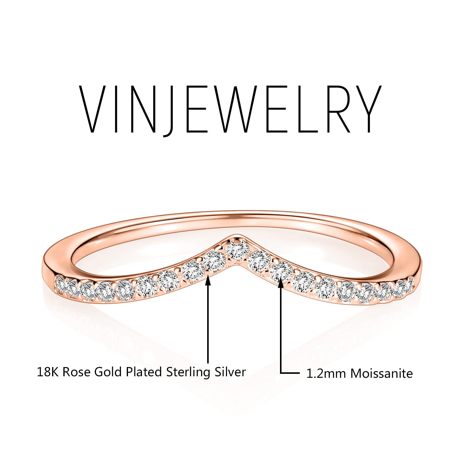 Vinjewelry V Shape Ring Moissanite Stackable Chevron Ring 18k Rose Gold Plated Sterling Silver .925 Thumb V Wishbone Band ring for Women Size 9