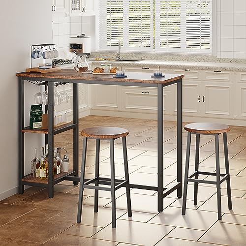 Qsun 3-Piece Bar Table and Chairs Set for 2, Bar Table Set with 2 Storage Shelves, Pub Table Set with Glass Holder for Living Room, Dining Room, Kitchen, Rustic Brown