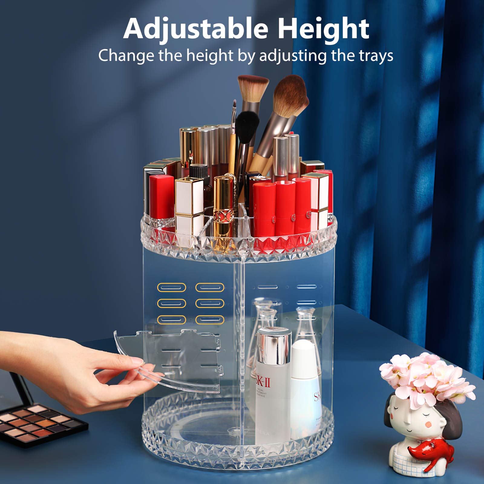 Syntus Makeup Organizer 360 Rotating, DIY Adjustable Bathroom Makeup Carousel Spinning Holder Rack, Large Capacity Cosmetics Storage Box, Fits Makeup Brushes, Lipsticks, Clear