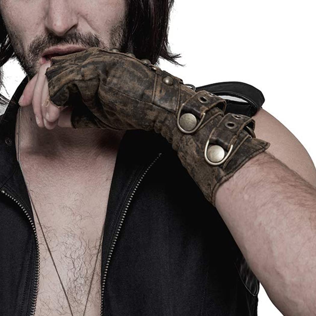 Punk Rave Coffee Grey Steampunk Gothic Leather Fingerless Gloves for Men, Gray, S-L