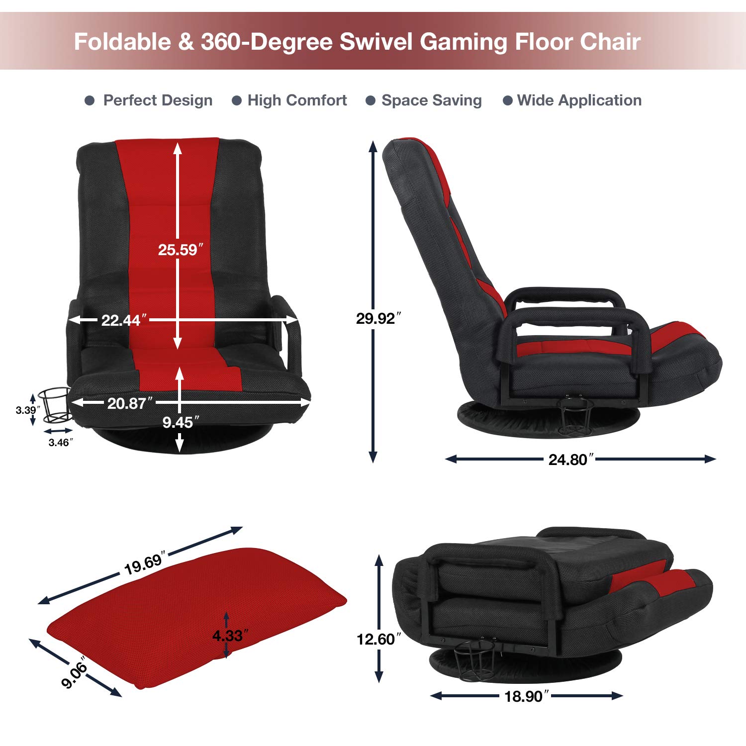 STHOUYN 360-Degree Swivel Gaming Recliner Floor Chair Video Game Chair Armrest, Comfy 6-Position Foldable Adjustable Backrest Red and Black (Red)