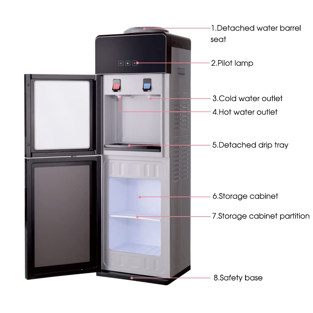 Top-Loading Water Dispenser for 5 Gallon Bottles, THABATAD Hot & Cold Water Cooler with Storage Cabinet & Glass Door Water Coolers Dispenser for Home, Office, School, Grey