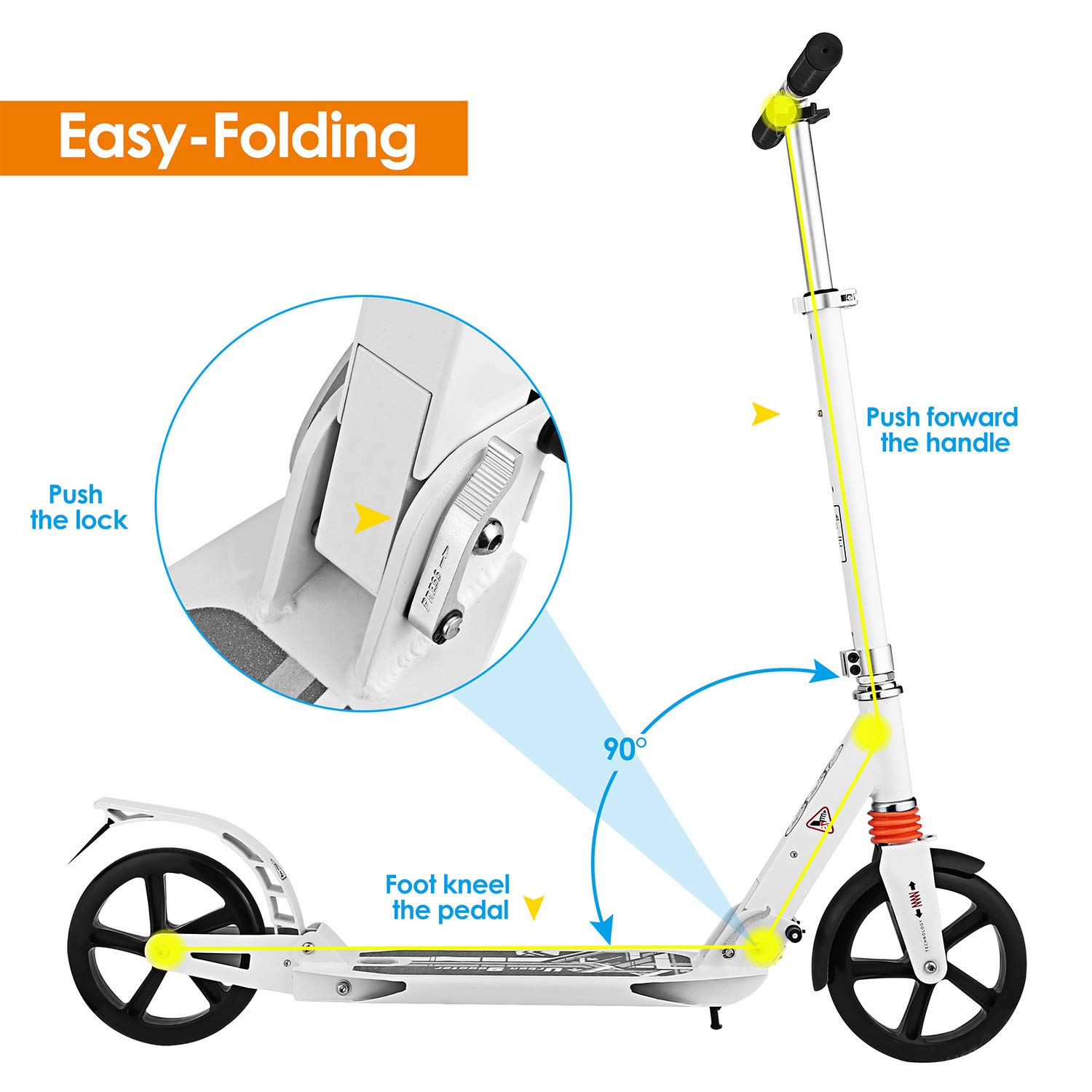 Scooter for Adults/Teens/Kids, 200mm Big Wheels Scooter Easy Folding Lightweight Height Adjustable Rear Fender Brake Scooter Support 220lbs (White)
