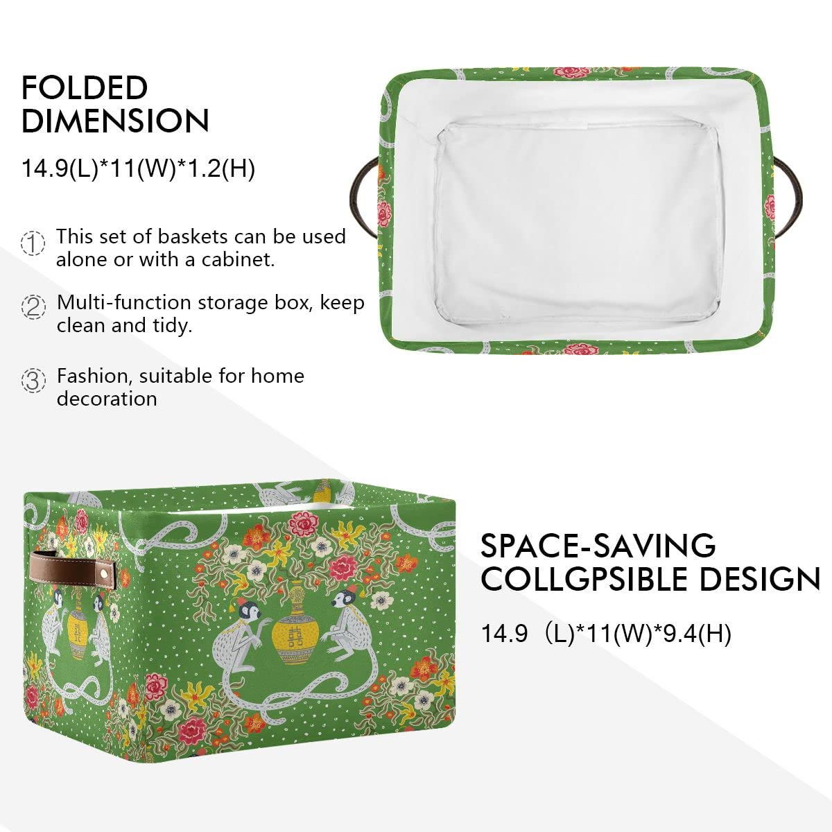 susiyo Large Foldable Storage Bin Tribal Elephants Storage Bins Collapsible Decorative Fabric Storage Baskets ,Green Chinoiserie Monkeys