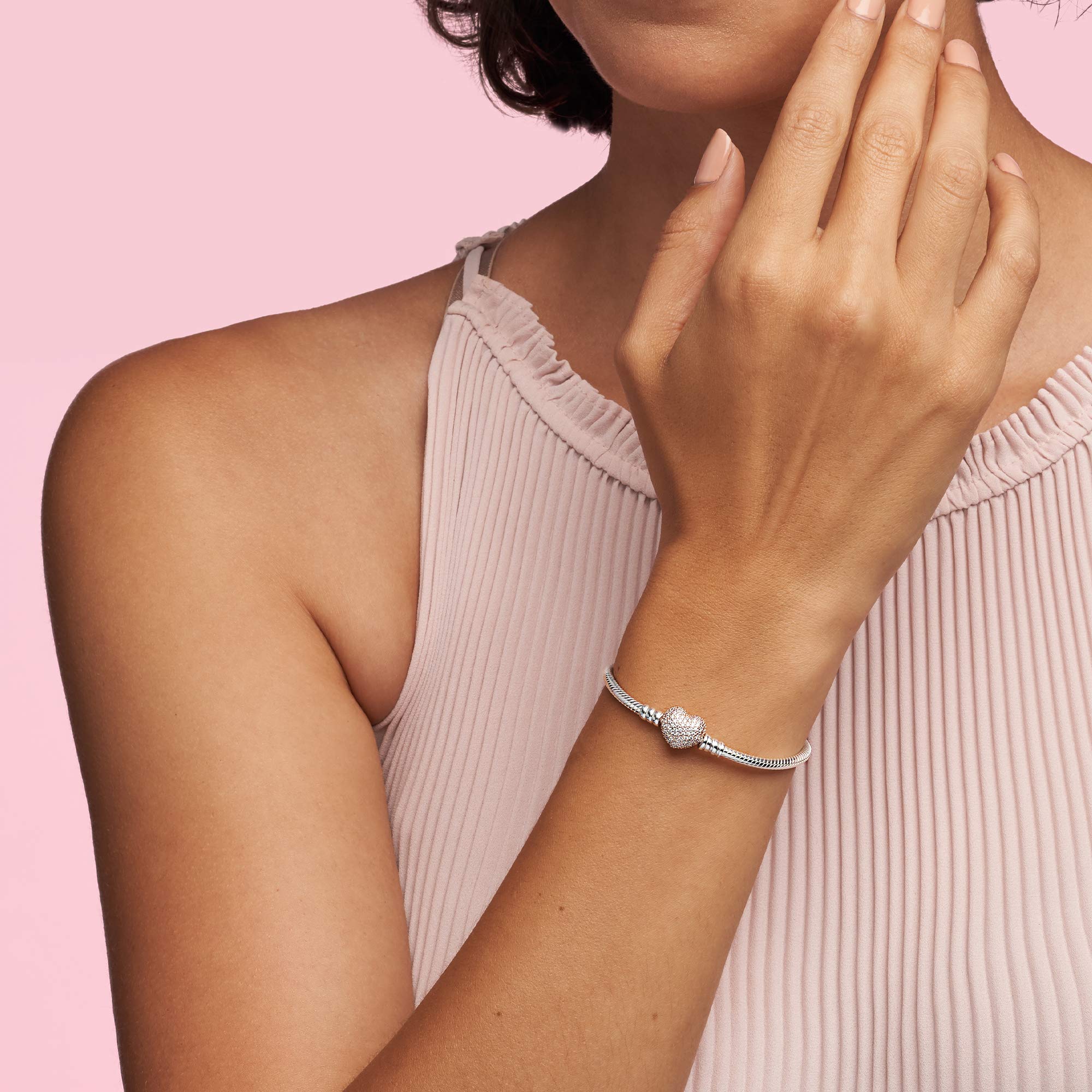 PANDORA Silver Bracelet w/Rose Pave Heart Clasp