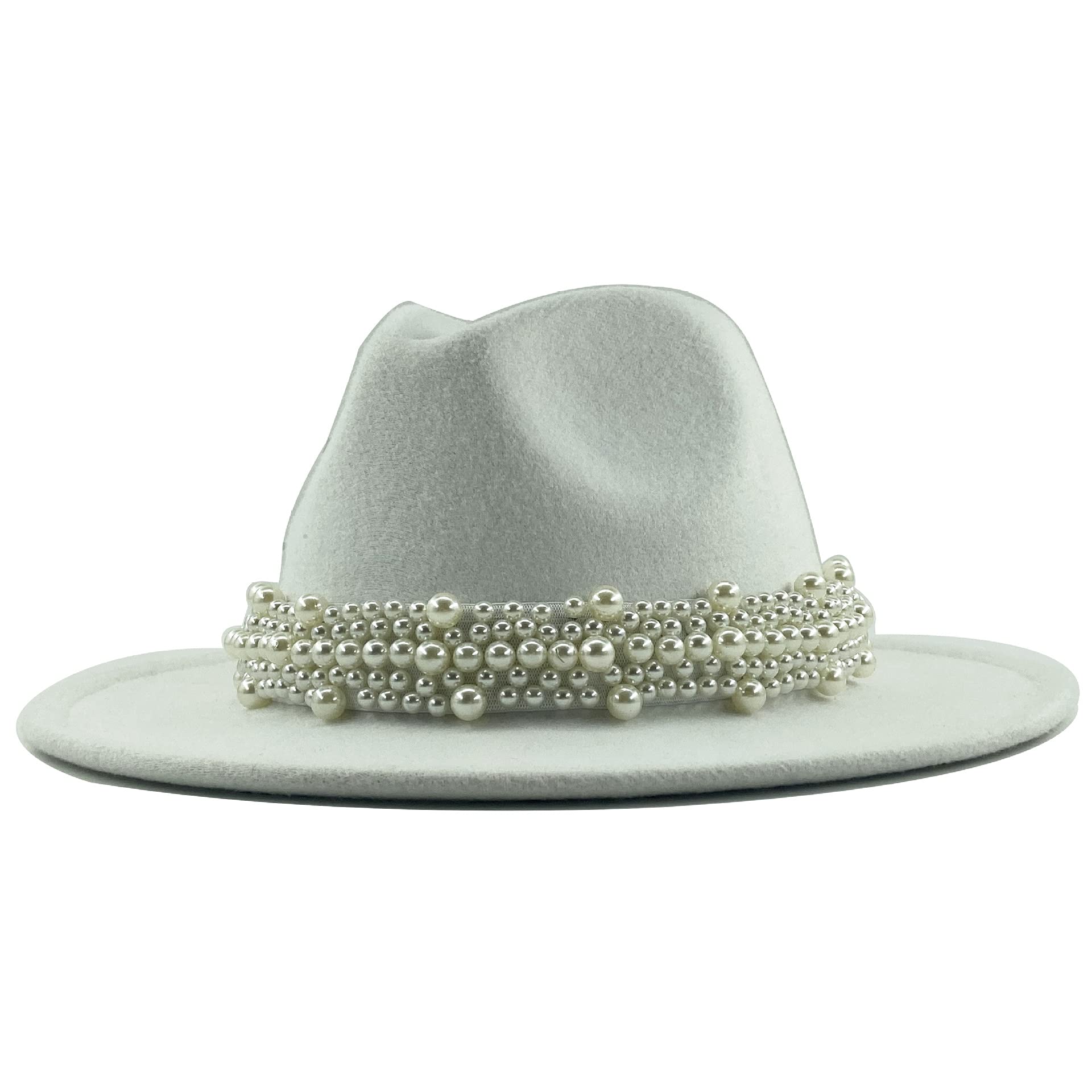 Women Trendy Fedora-Hat Wide Brim Felt Panama Classic Hat with Pearl Band (White with Pearl Band, Medium)