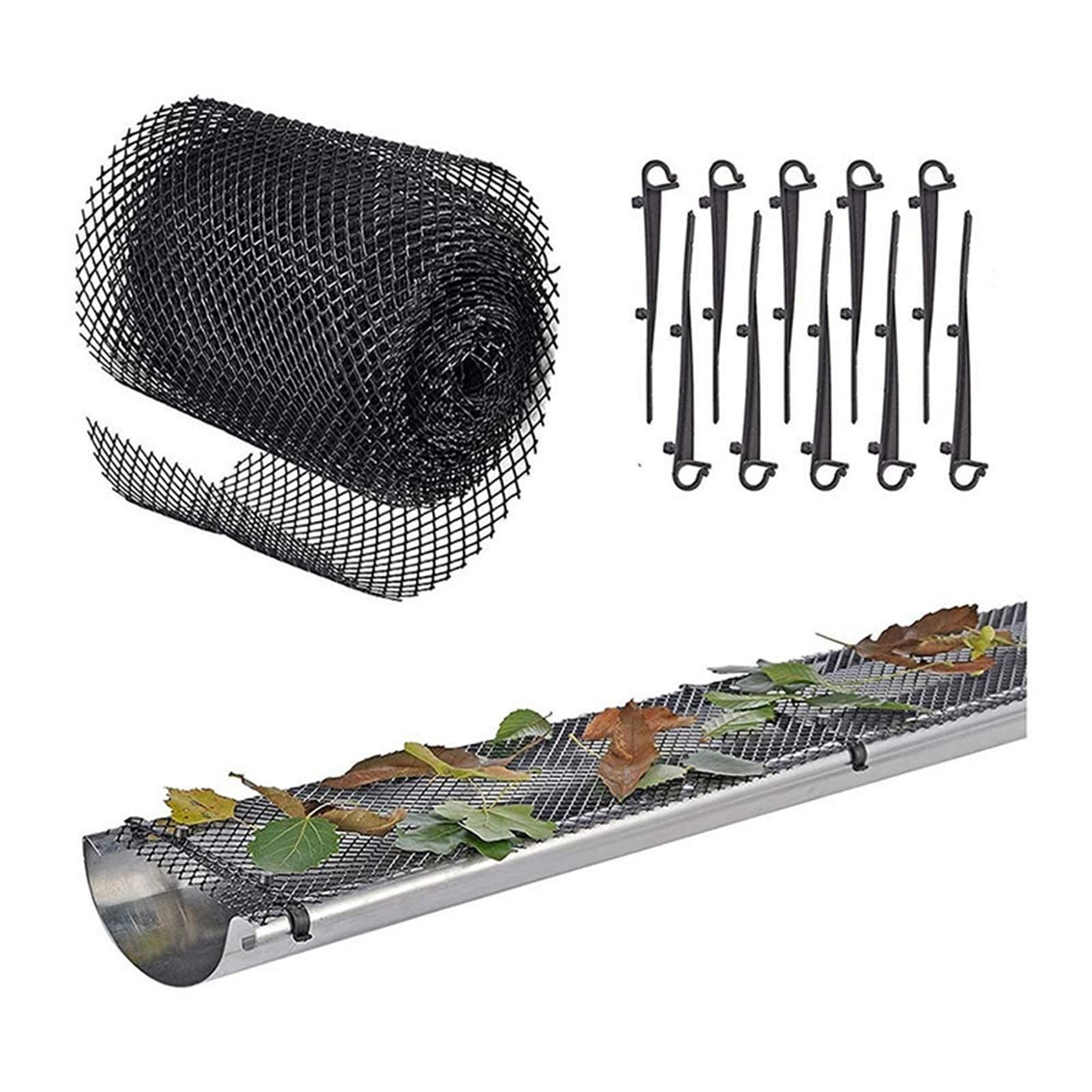 Plastic Gutter Guard Mesh Protector, 6” x 20 Ft Roofing Gutters Screen Roll with 5 Clip Fixing Hooks, Leaf Protection Cover Netting to Stop Gutter Drain Downspout Clogging from Leaves or Debris
