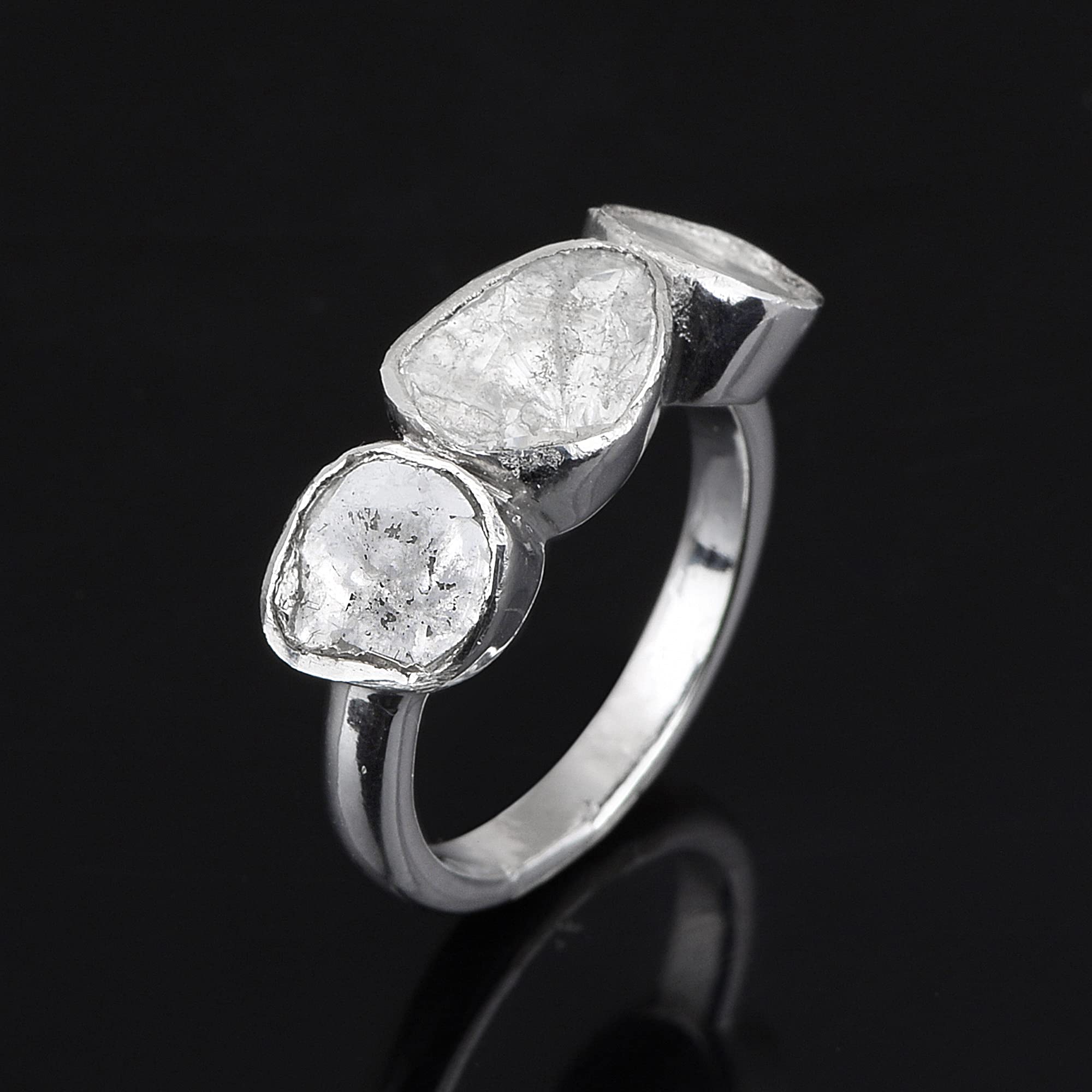 Shine Jewel 0.25 CT Natural Uncut Polki Diamond 3-Stone Ring Platinum Plated 925 Sterling Silver Handmade Jewelry Gift for Women Size 9