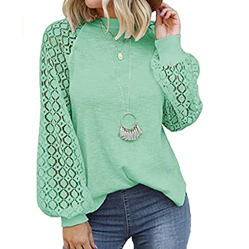 Teprec Womens Fall Long Sleeve Tops, Women's Waffle Knit Lace Shirts O Neck Lantern Sleeve Blouse Tops Comfy Shirts Green