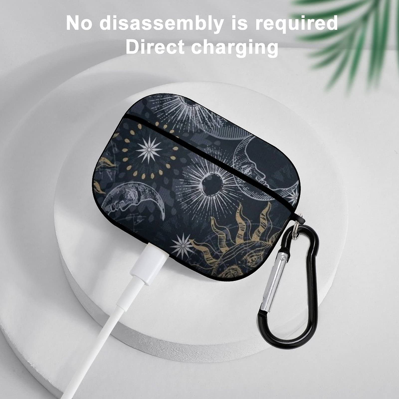Unique Case Cover Compatible with AirPods Pro Wireless Charging Case for Women Men, Psychedelic Sun Moon Stars Tie Dye Headphone Case Cover, Front LED Visible with Keychain