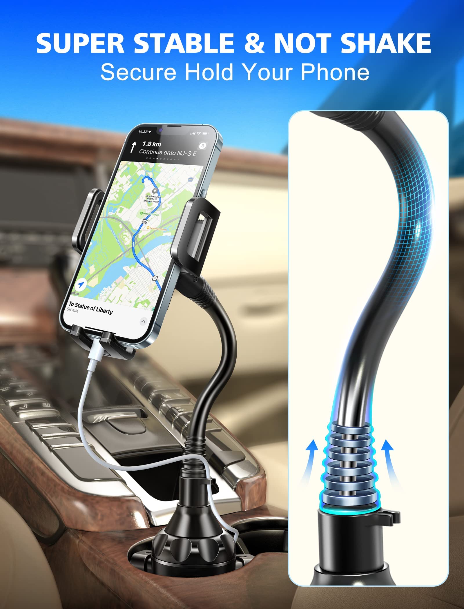 TOPGO [Upgraded Car Cup Holder Phone Mount Adjustable Gooseneck Automobile Cup-Holder-Phone-Car-Mount for iPhone 14 Samsung(Black+Blue)