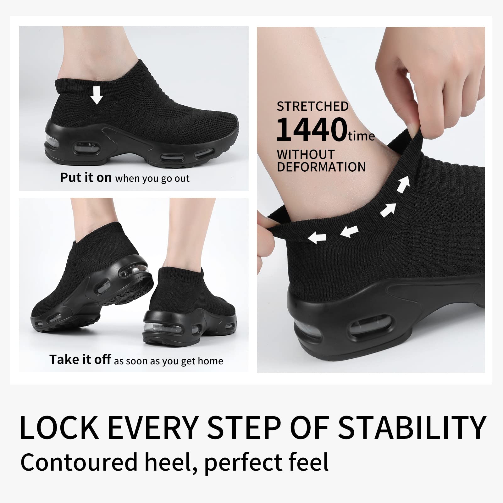 Women's Walking Shoes Sock Sneakers Light Weight Air Cushion Slip On Breathe Mesh Working Shoes Platform Loafers Allblack