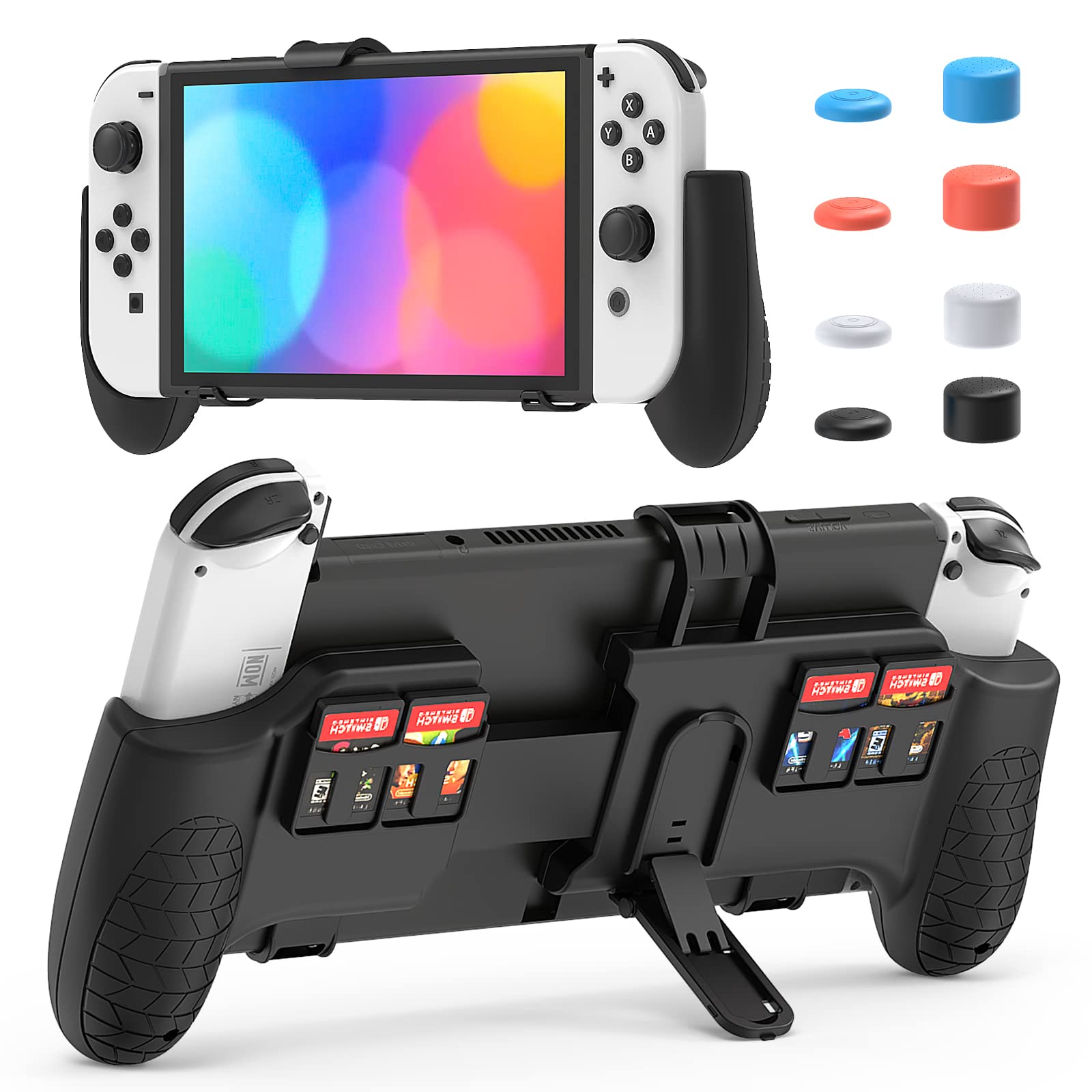 Upgrade Adjustable Hand Grip Compatible with Nintendo Switch OLED, Ergonomic & Comfortable Hand Grip Case Compatible with Nintendo Switch OLED/Switch/Switch Lite with 4 Game Card Slots (Black)