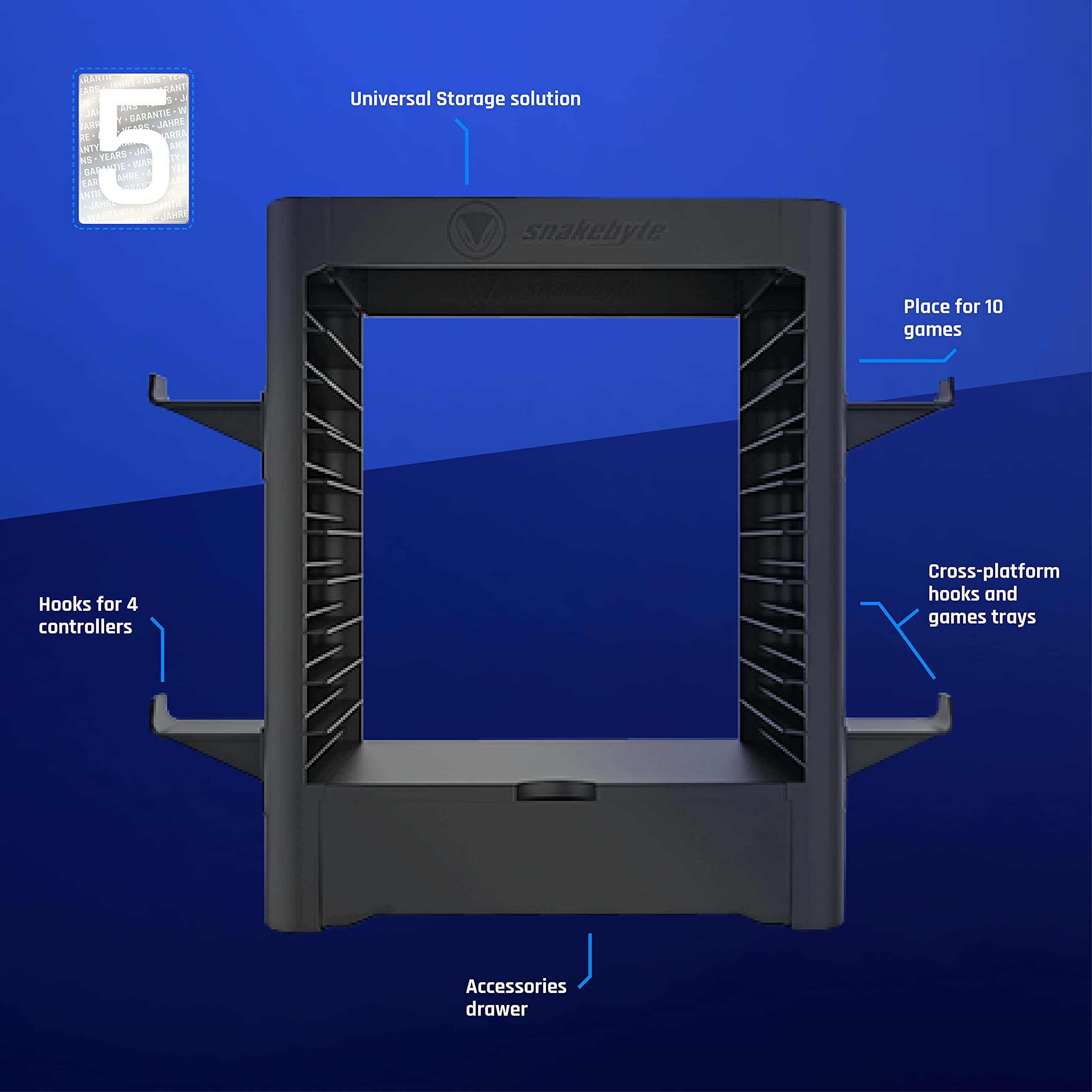 Snakebyte Games Tower 5 - Black -For PlayStation 5 Universal Storage Solution for Up to 10 Games/Blu-Ray's and 4 Controllers Storage Stand for PS5 PS4