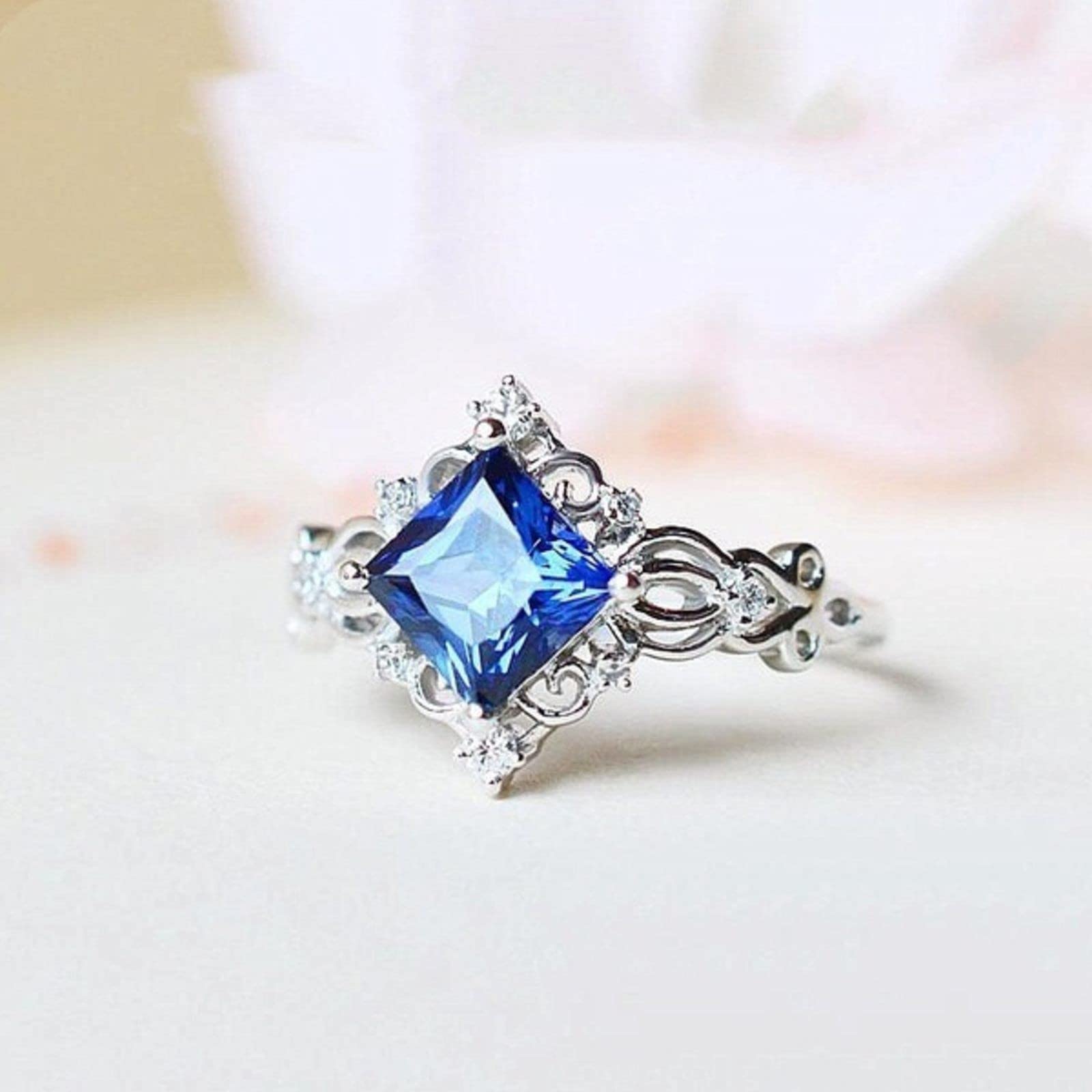Women Wedding Band Ring Blue Gem Stone Stackable Engagement Rings Goth Rings Gemstone Birthstone Rings, Tourmaline Engagement Promise Rings for Women Size 6-10 (D, 9)