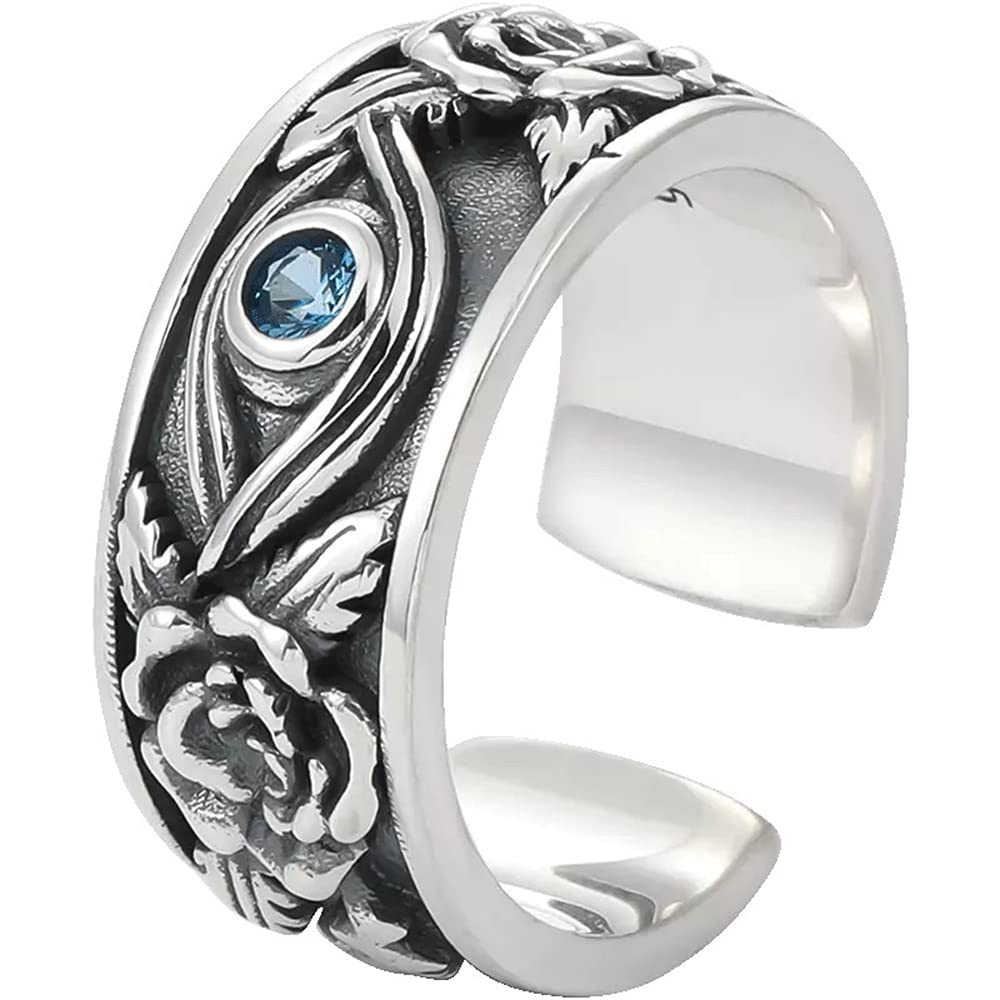 Vintage Punk Blue CZ Eye of Horus Engrave Rose Flower Round Band Ring for Men Womens Silver Plated Crystal Protection Jewelry Cool Adjustable Finger Ring Tail for Him Her Dainty Birthday Boyfriends