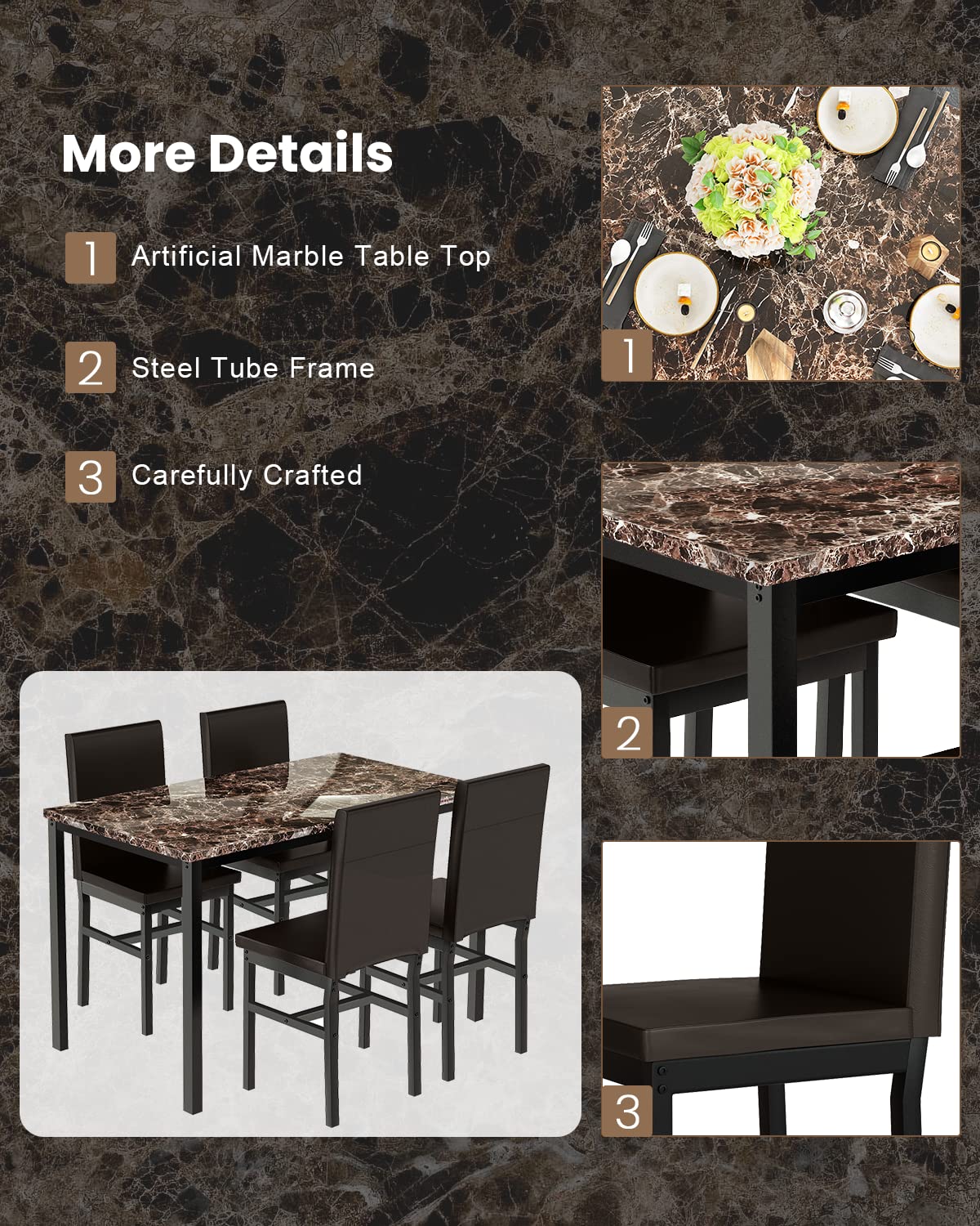 Recaceik Dining Table Set for 4, Kitchen Table and Chairs Set with Faux Marble Tabletop & 4 Leather Upholstered Chairs for Kitchen Dining Room, Compact Space, Dinette Set, Brown+Brown